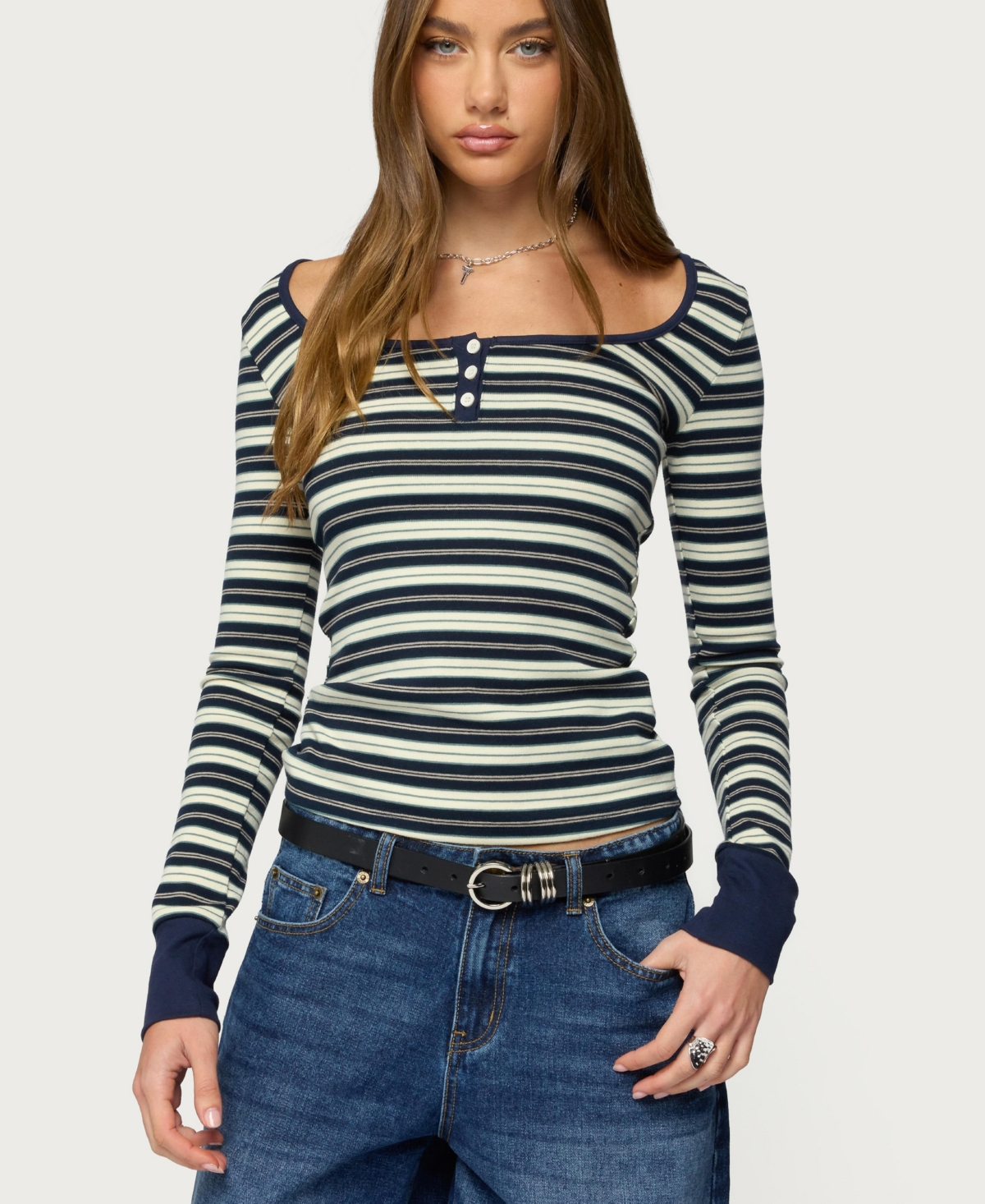 Click here for Edikted Womens Jaida Striped Henley Top - Blue prices