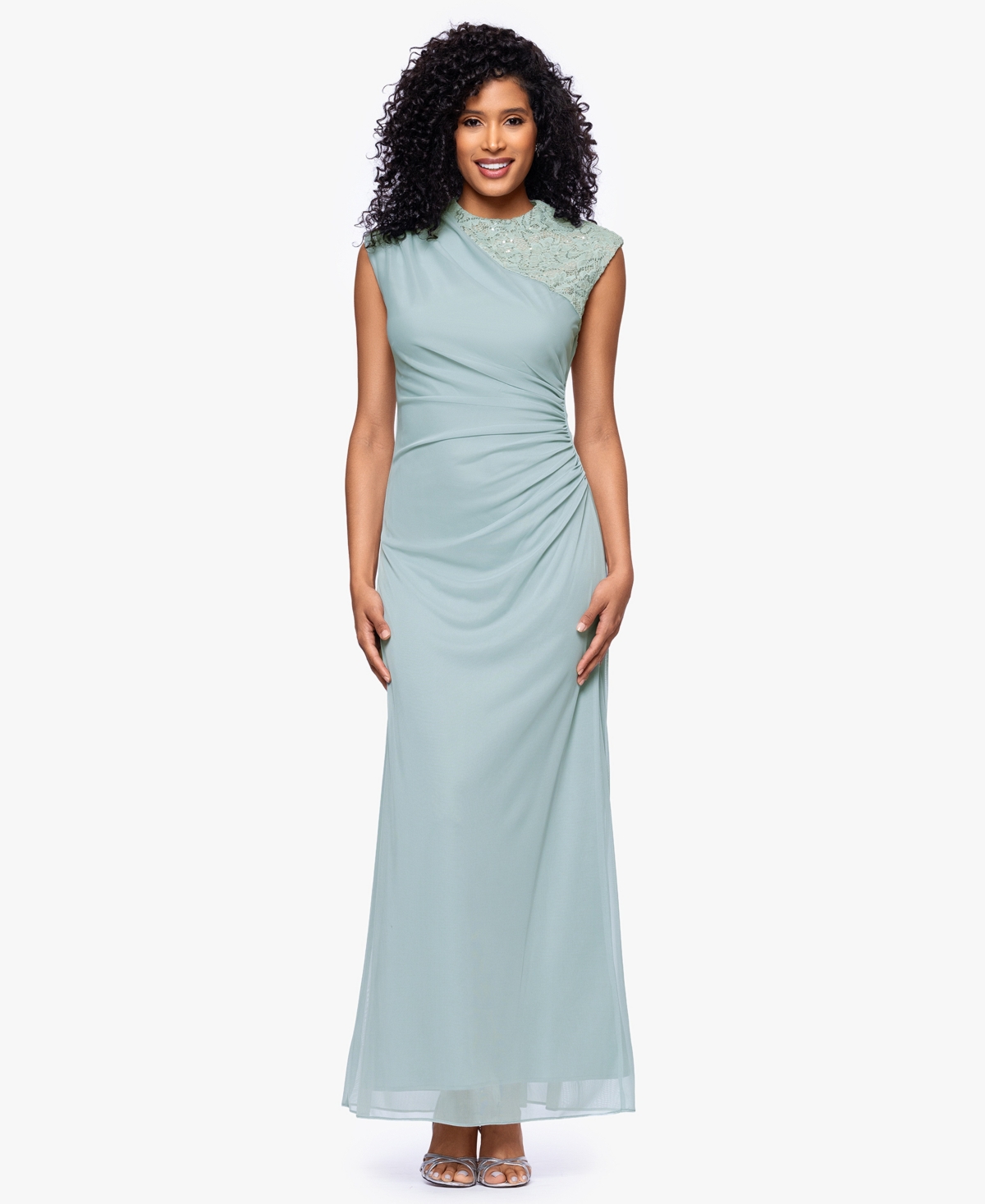 Click here for Betsy & Adam Womens Lace-Trim Ruched Jersey Gown -... prices