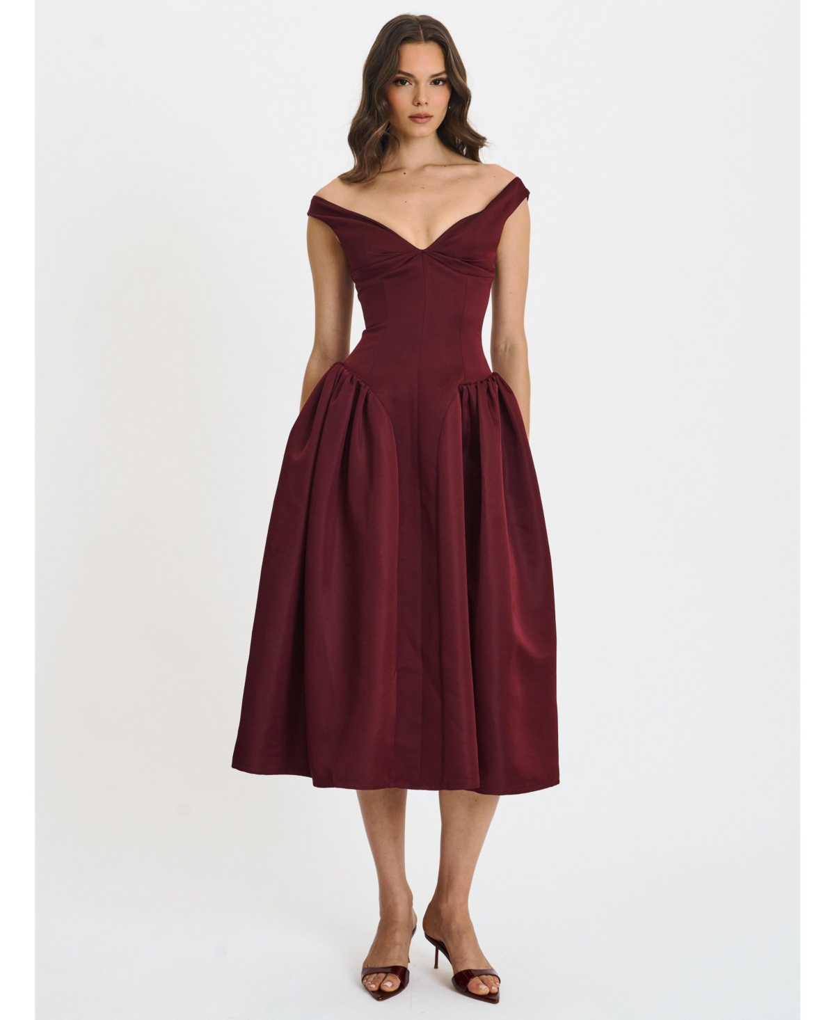 Miss Circle Womens Omella Burgundy Ruched Bust Sweetheart Flared Maxi Dress - Burgundy