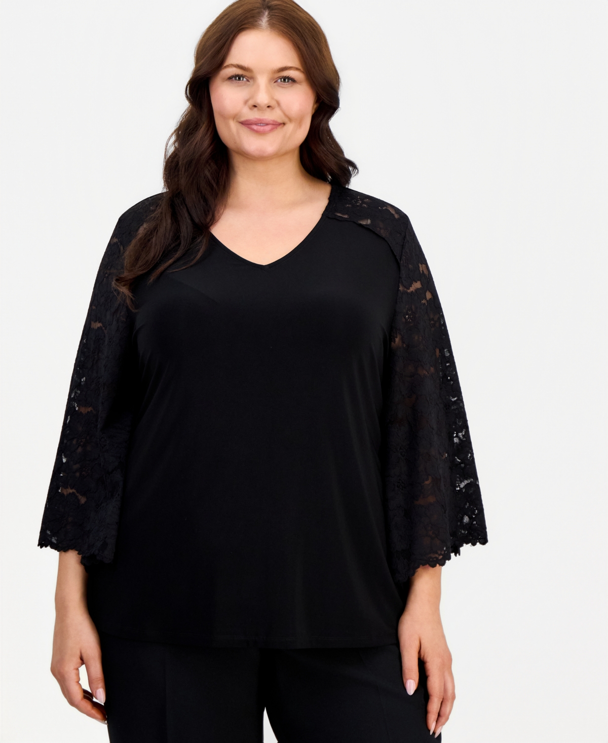 Click here for Kasper Plus Size Lace Bell-Sleeve V-Neck Top - Bla... prices