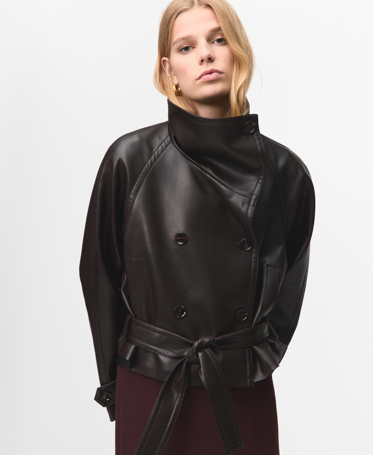 Click here for Mango Womens Faux-Leather Lapels Maxi Jacket - Bro... prices