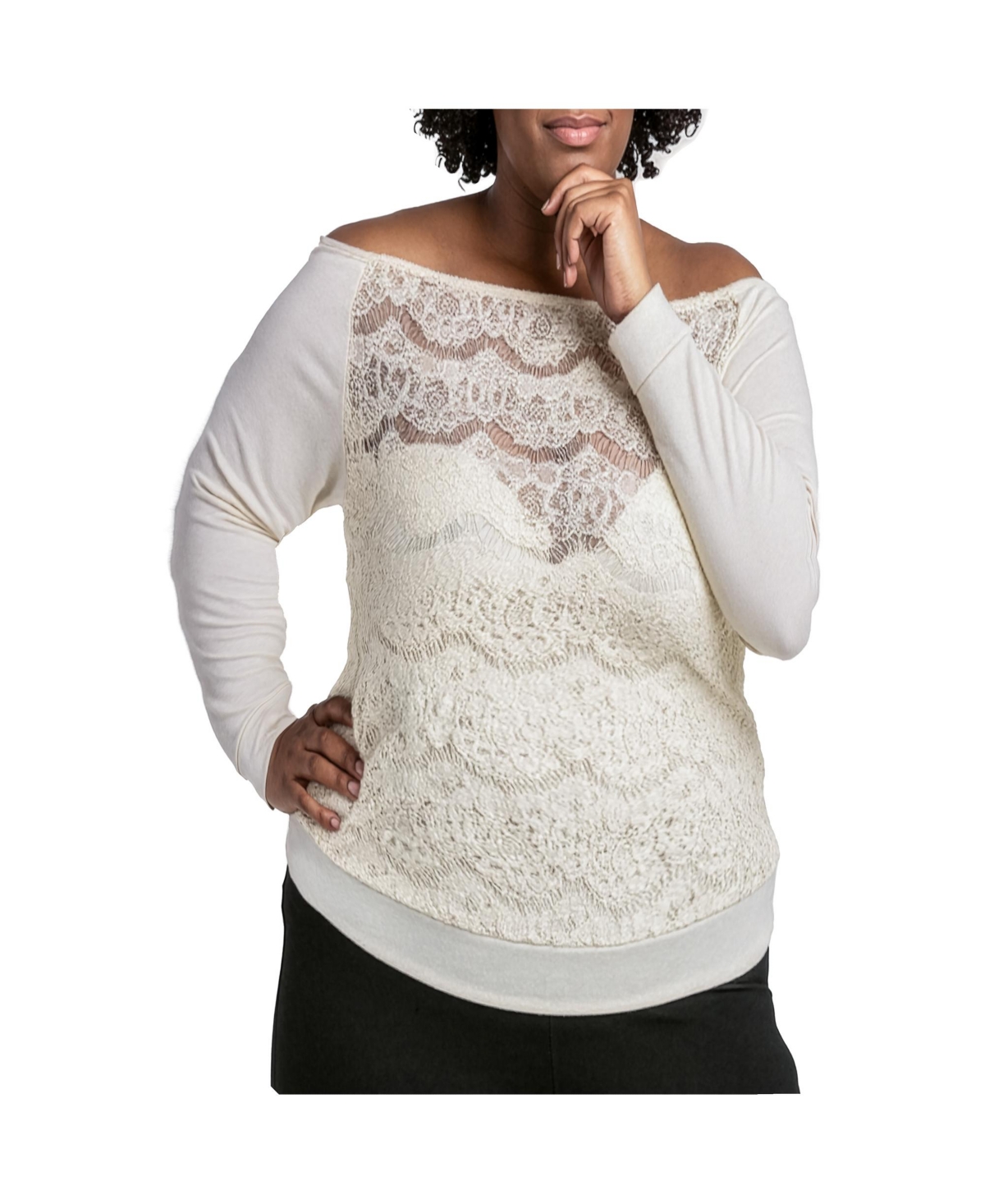 Click here for Poetic Justice Plus Size Lace Ponte Boat Neck Blou... prices