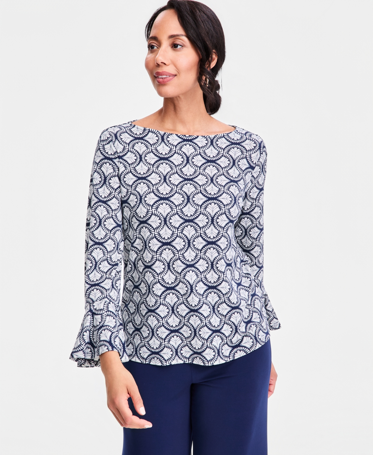 Click here for Jm Collection Womens Printed Boat-Neck Bell-Sleeve... prices