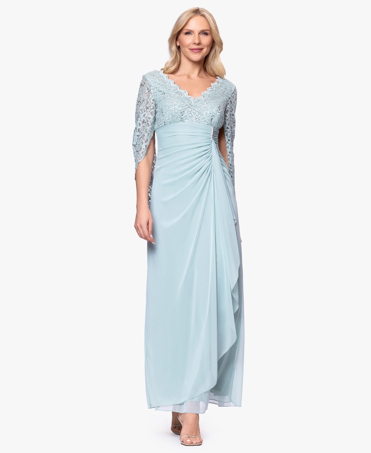 Click here for Betsy & Adam Petite Draped Lace Back Gown - Sage prices