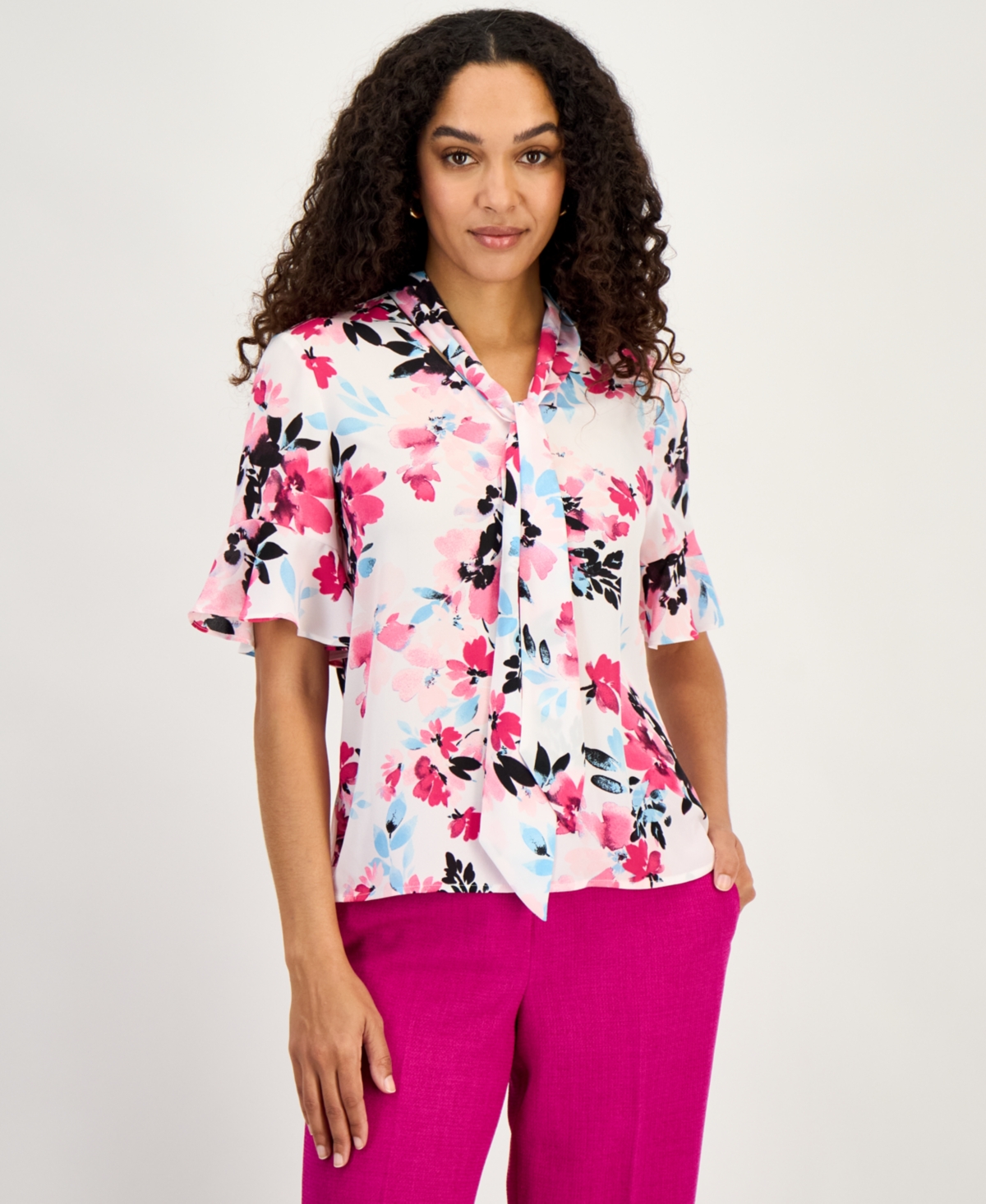 Click here for Kasper Womens Printed Ruffle-Sleeve Blouse - Lily... prices
