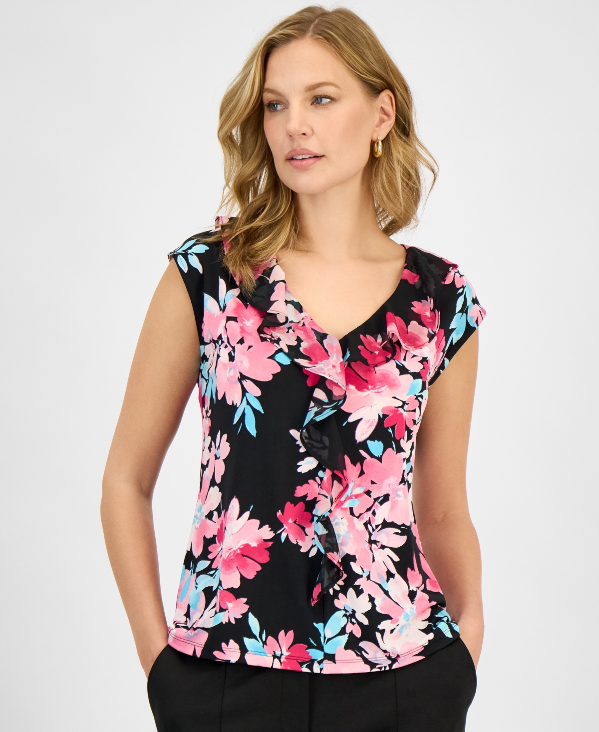 Click here for Kasper Womens Printed Ruffle-Trim V-Neck Top - Bla... prices