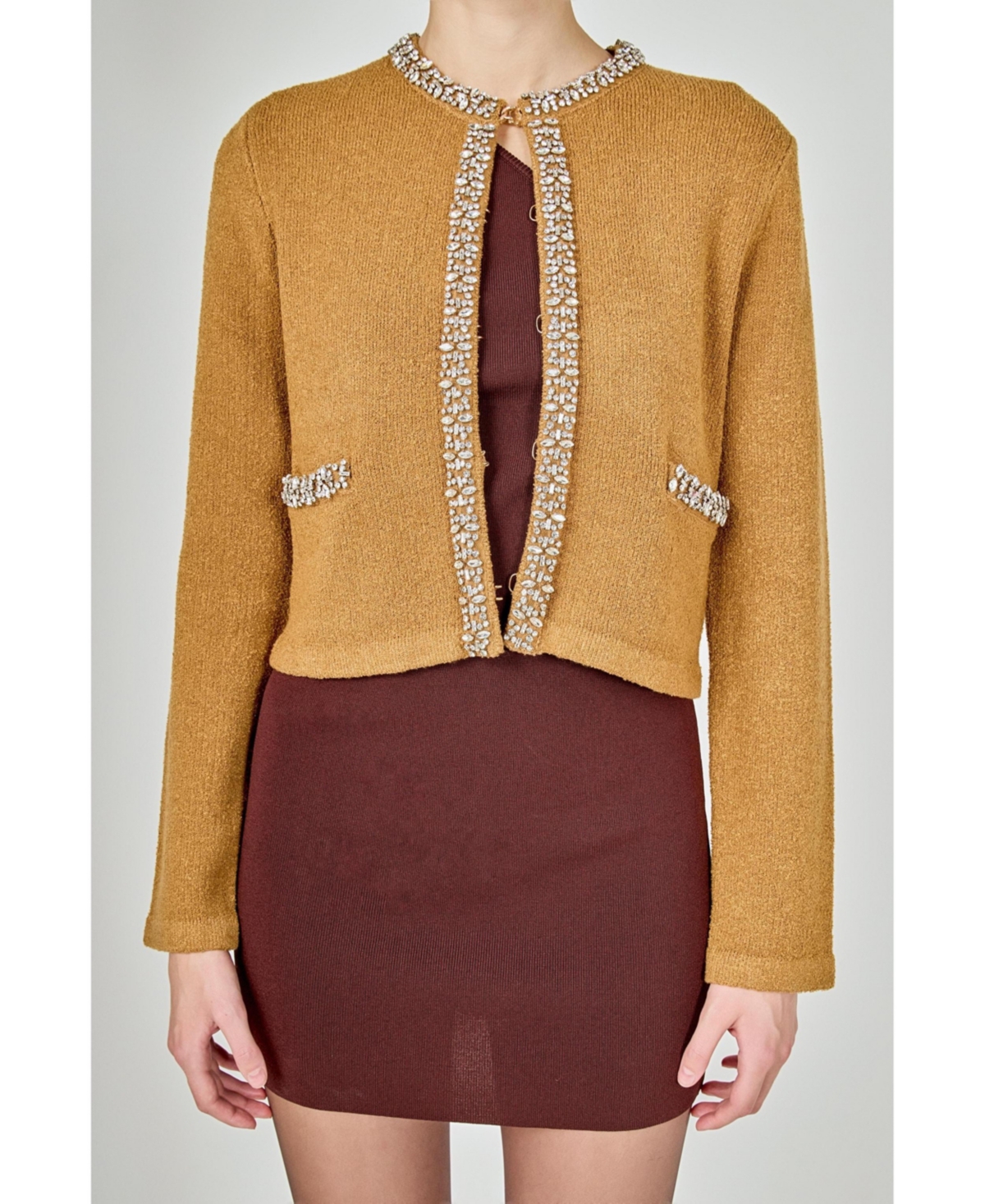 Click here for endless rose Womens Boucle Knit Jewel Trim Sweater... prices