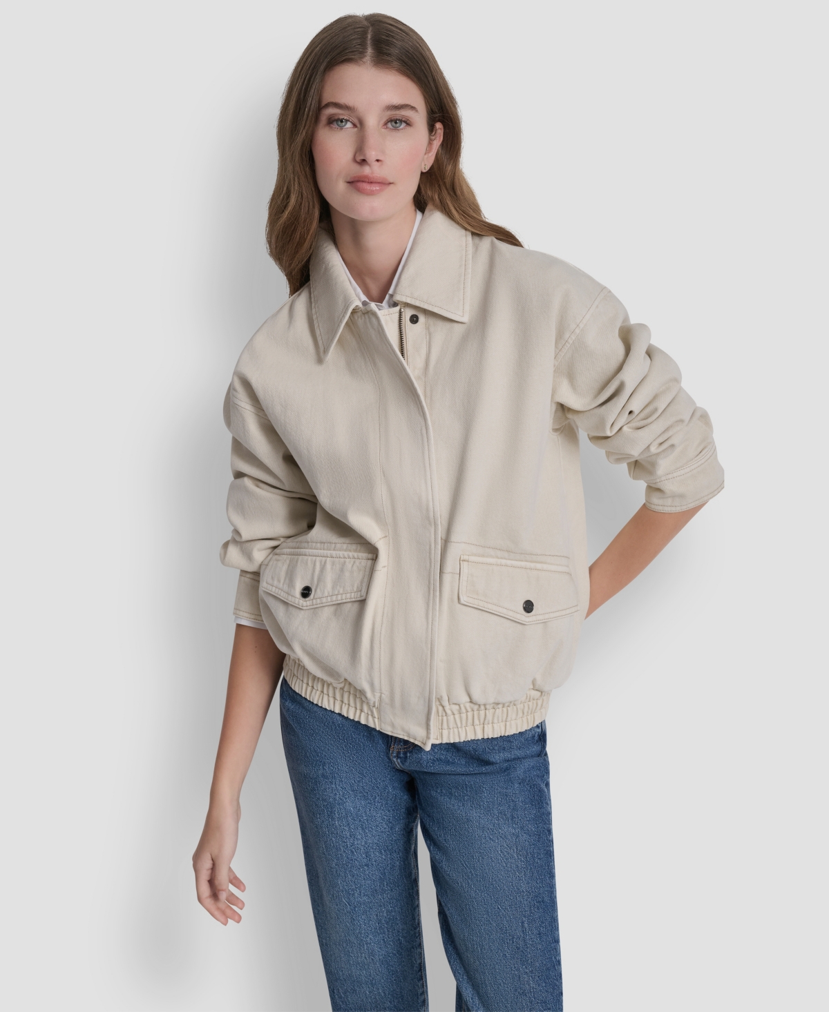 Click here for Dkny Womens Denim Bomber Coat - Cream prices