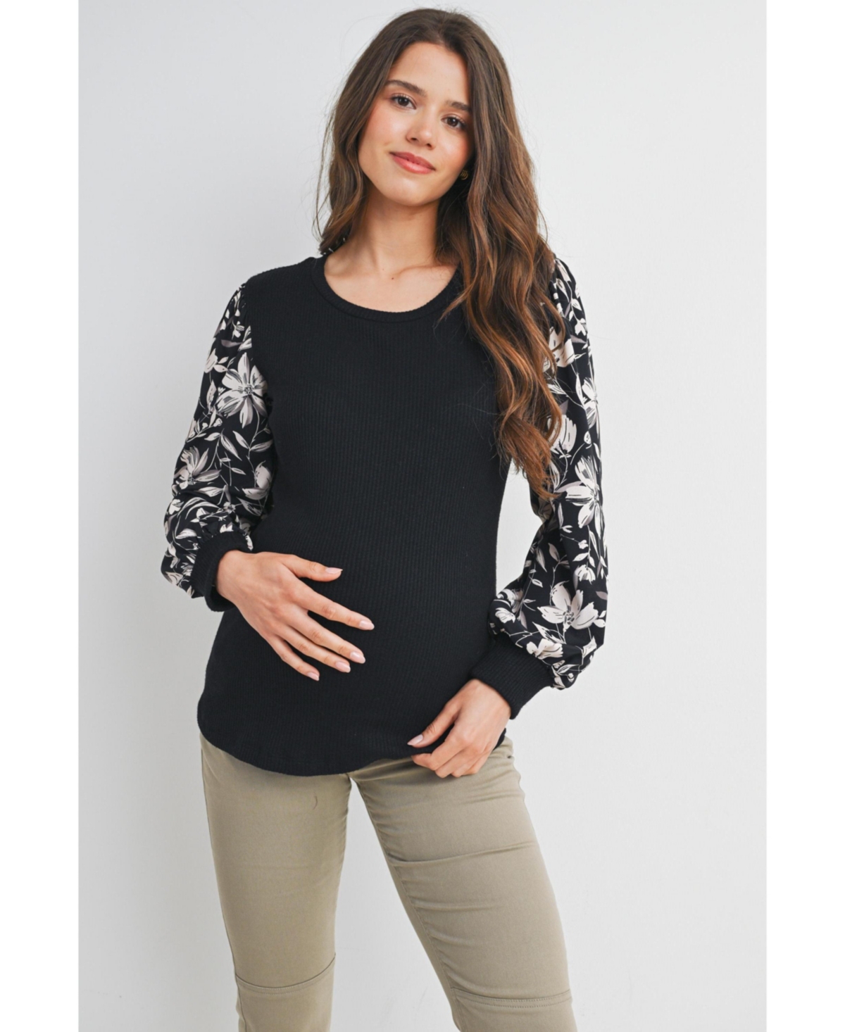 Click here for Hello Miz Maternity Ribbed Scoop Neck Floral Puff... prices