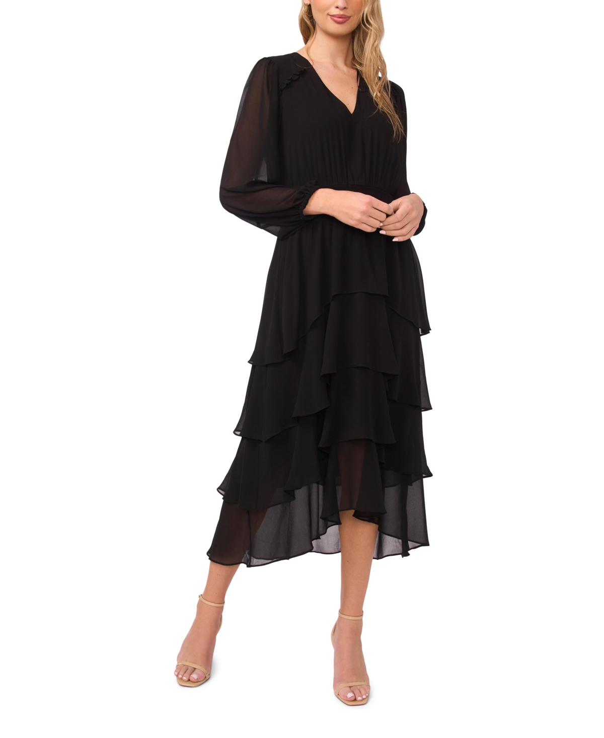 Click here for Vince Camuto Womens V-Neck Smocked Waist Tiered Dr... prices