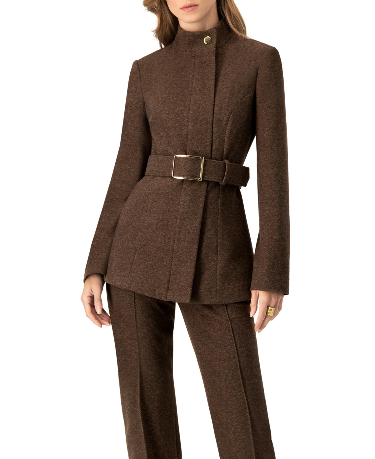 Click here for Ivonne Womens Belted High Neck Coat - Brown prices