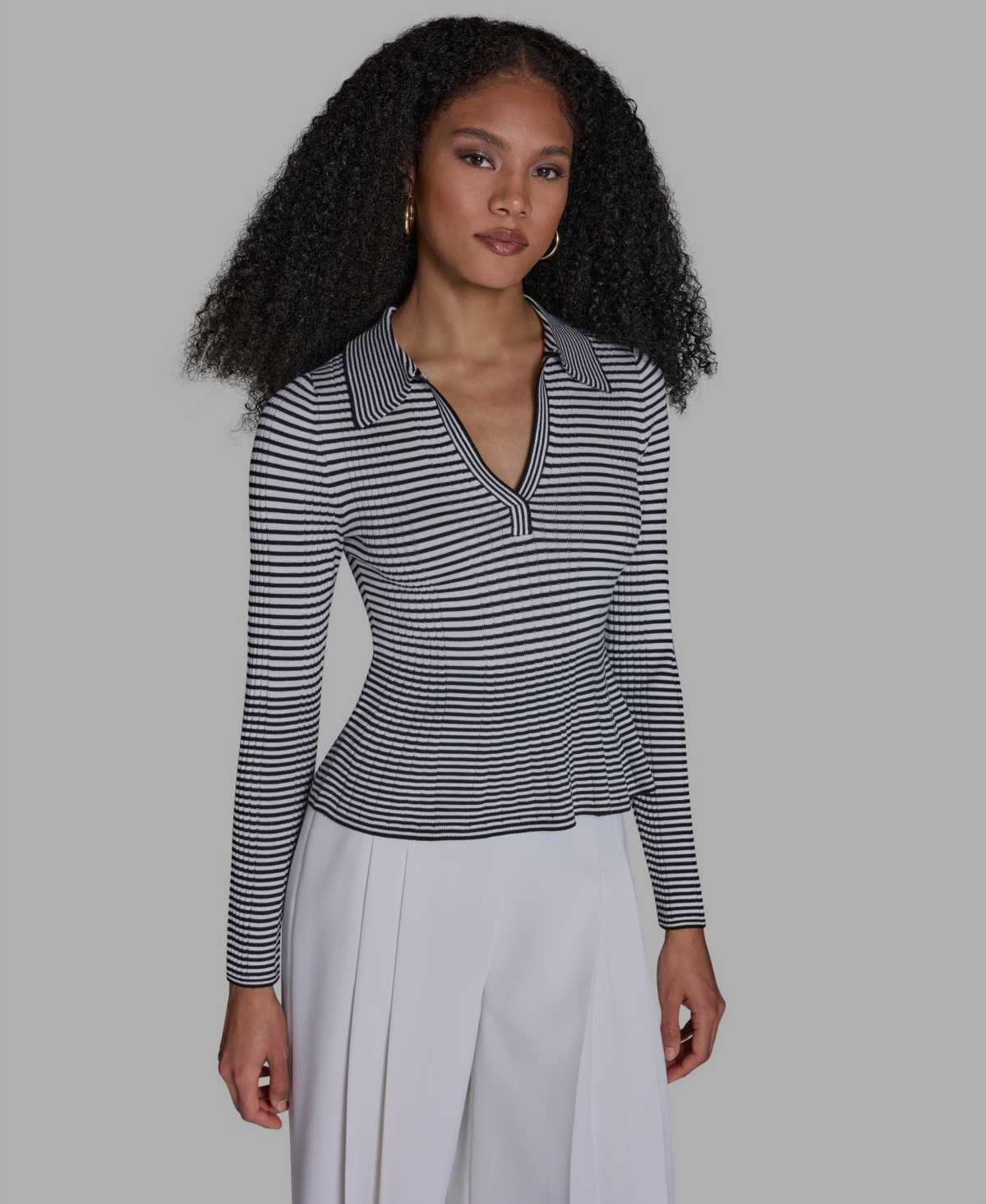 Click here for Bcbg Womens Collared Striped Polo Top - Black/Whit... prices