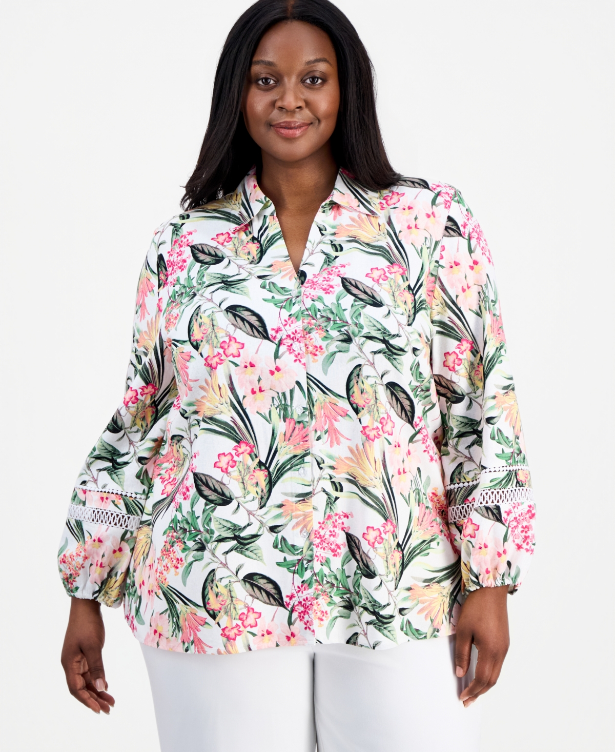 Click here for Jones New York Plus Size Printed Button-Front Blou... prices
