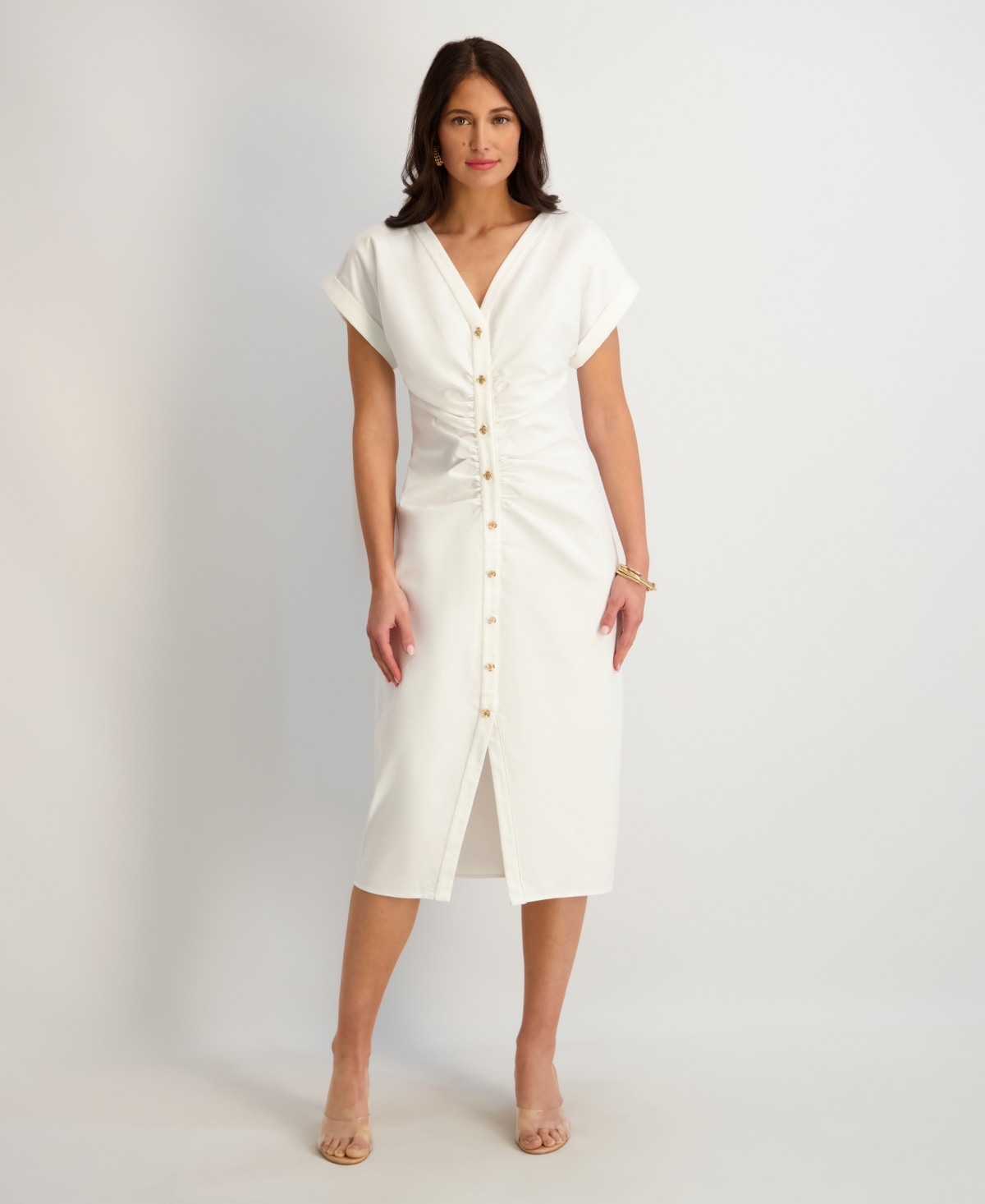 Click here for kensie Womens Faux Linen V-Neck Midi Dress - White prices