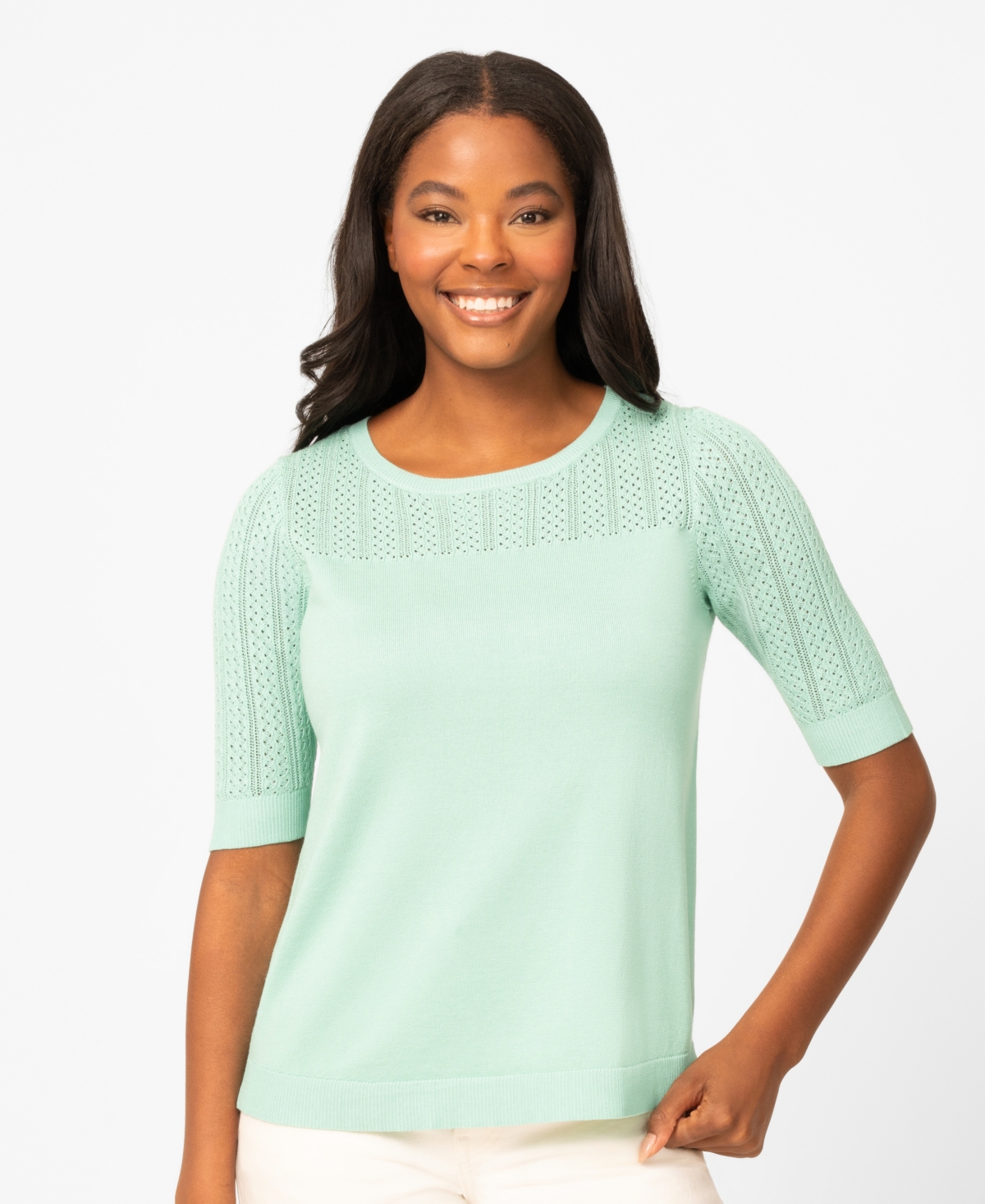 Click here for Melissa Paige Petite Mixed Cable Round Hem Sweater... prices