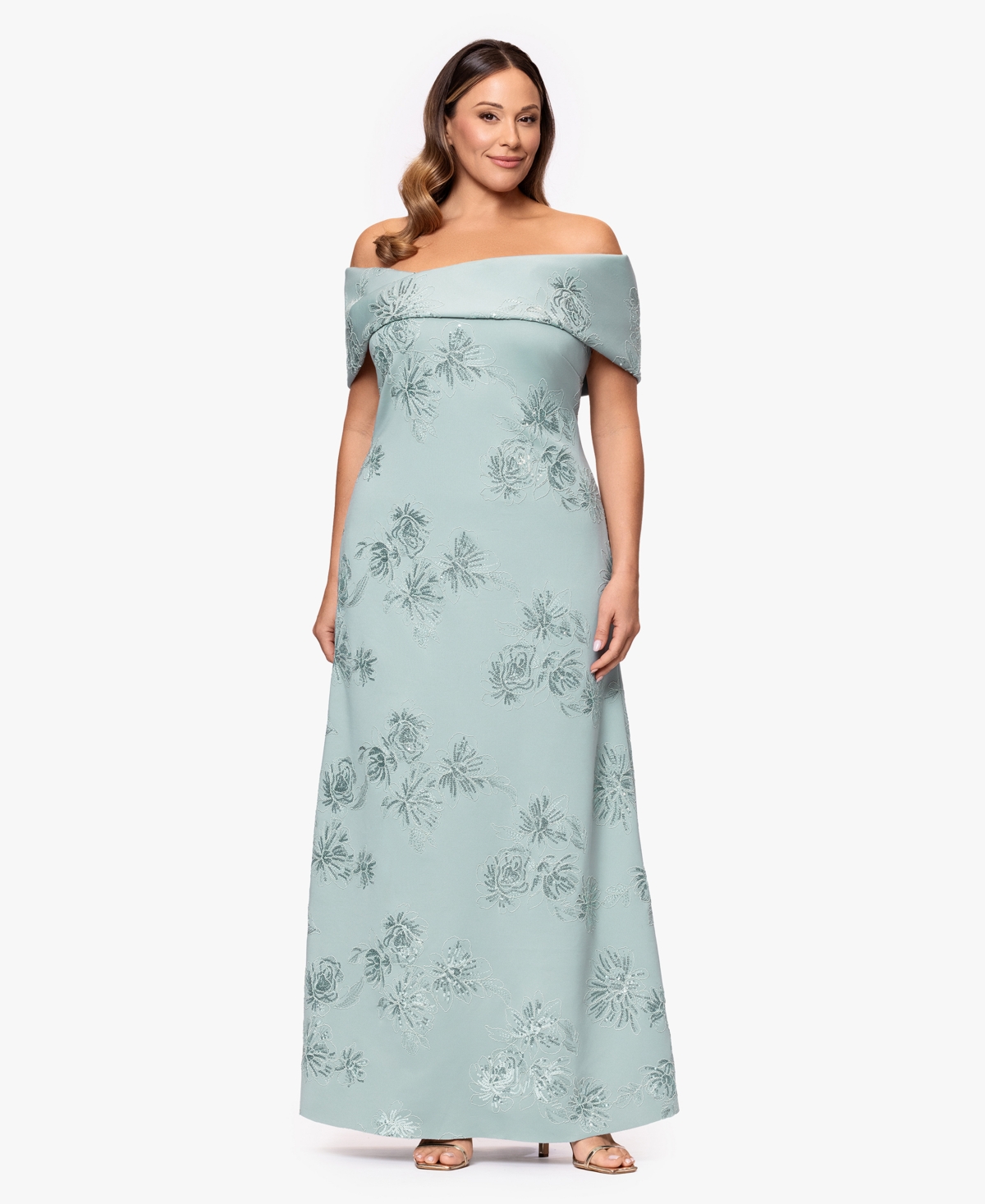 Click here for Betsy & Adam Plus Size Long Jacquard Off The Shoul... prices
