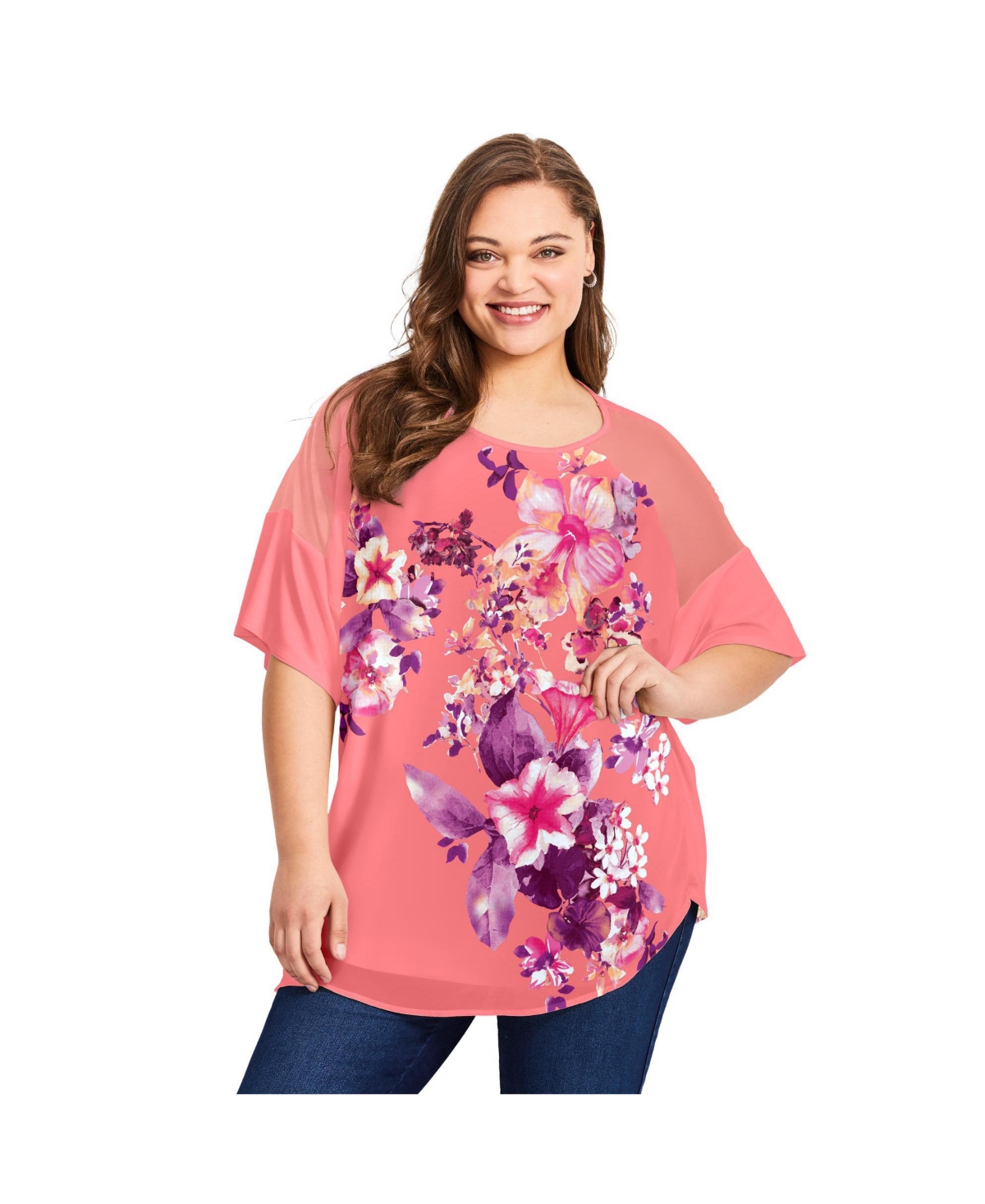 Click here for Avenue Womens Plus Size Mixed Media Floral Print T... prices