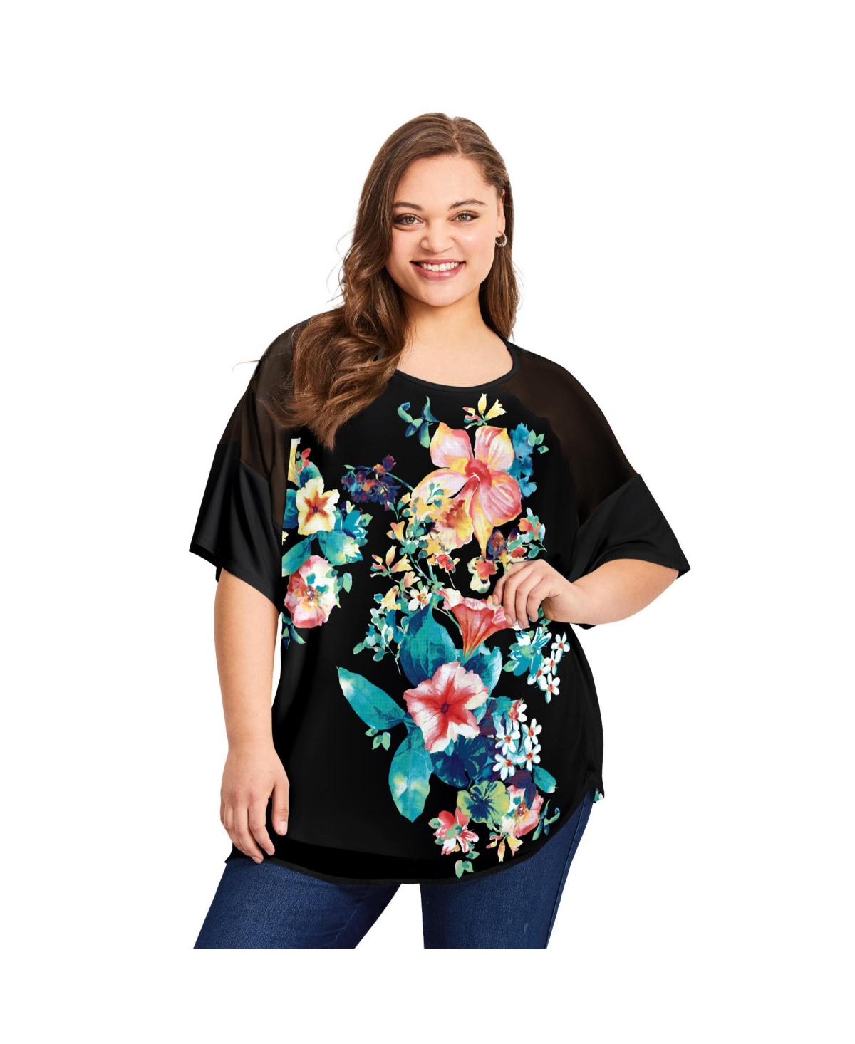 Click here for Avenue Womens Plus Size Mixed Media Floral Print T... prices