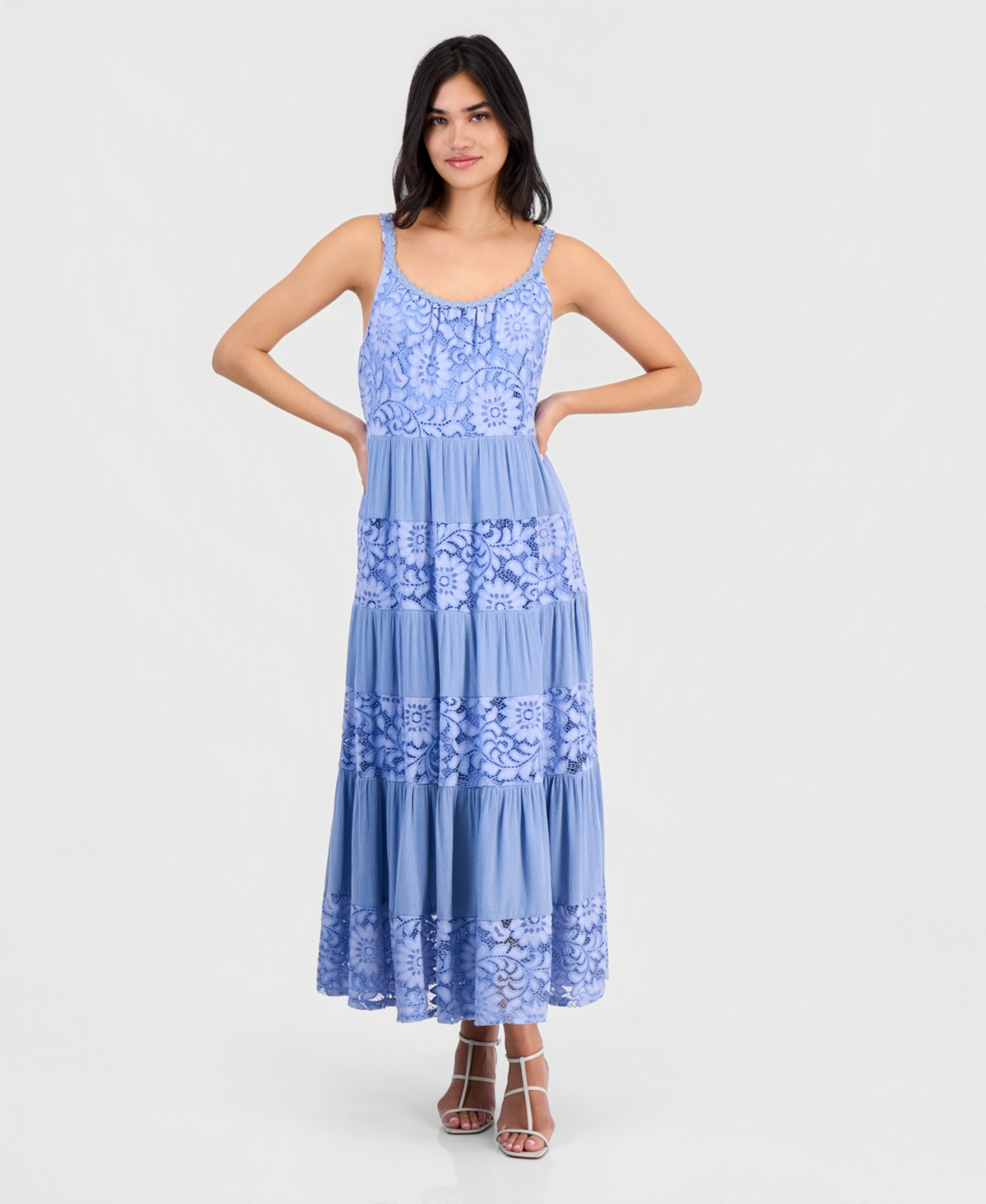 Click here for Robbie Bee Womens Lace-Trim Maxi Dress - Chambray prices
