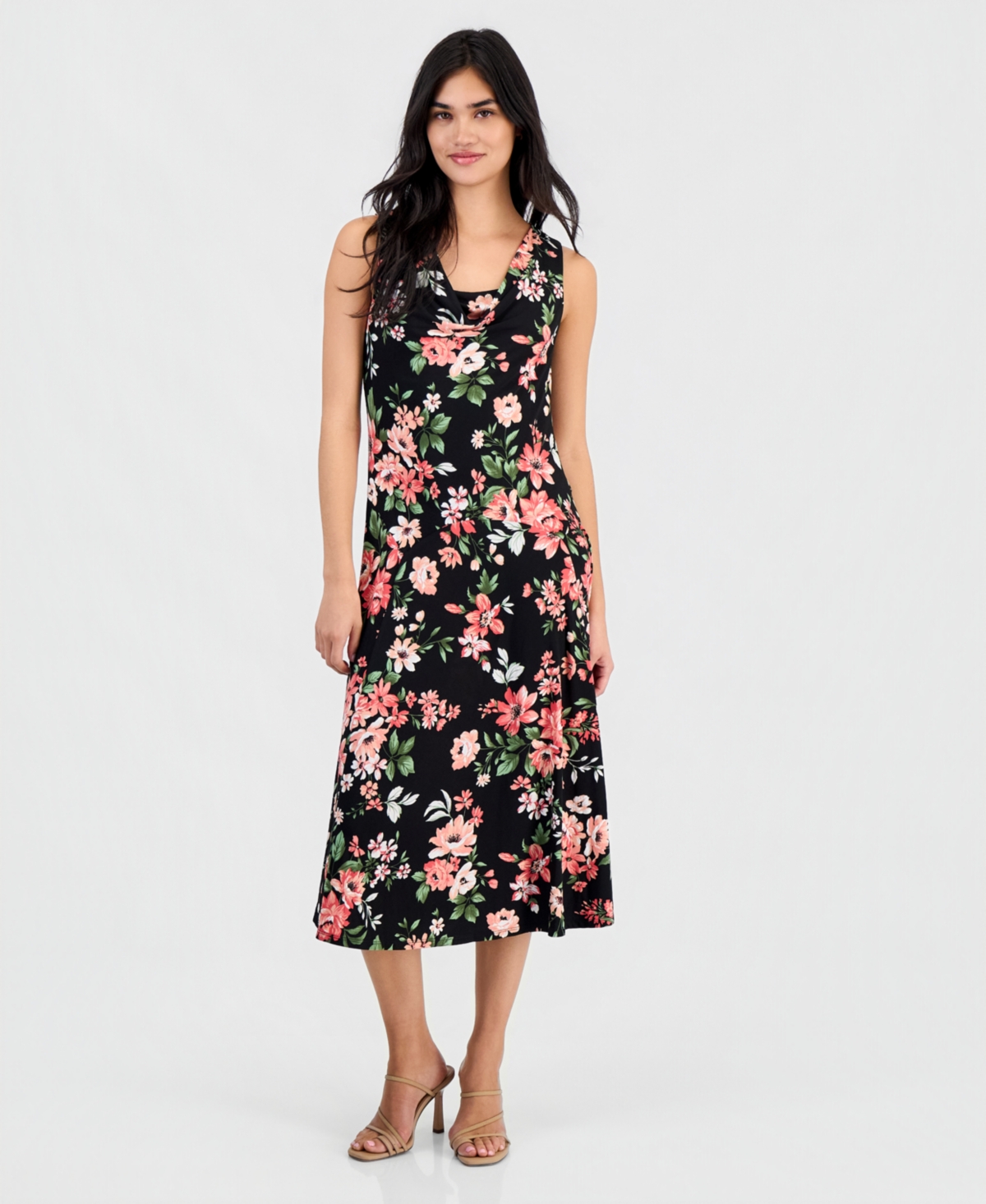 Click here for Robbie Bee Petite Floral-Print Draped-Neck Midi Dr... prices