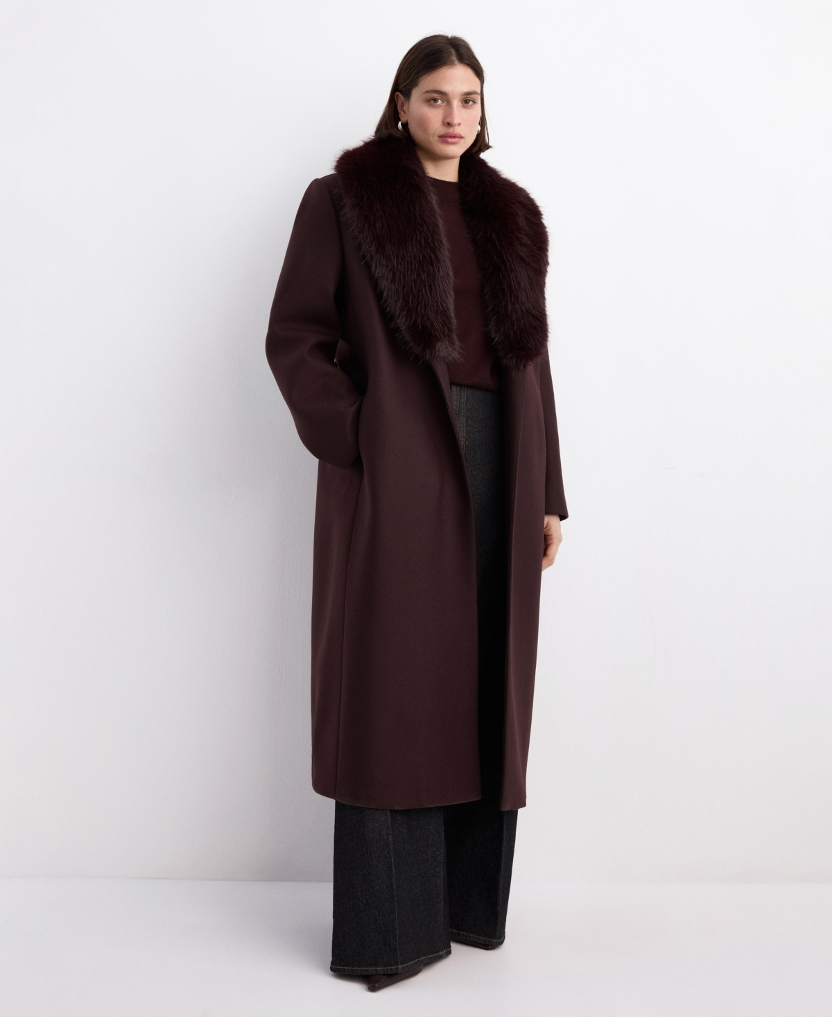 Click here for Mango Womens Fur Collar Manteco Wool Coat - Maroon prices