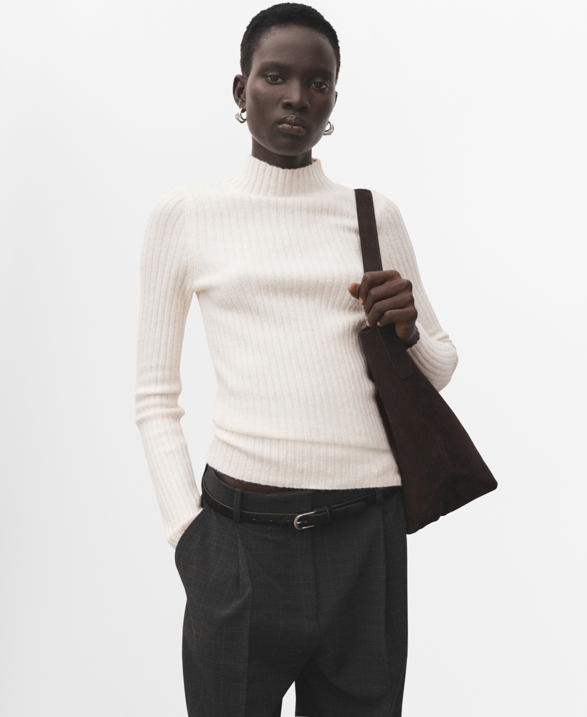 Click here for Mango Womens Perkins Neck Fitted Sweater - Ecru prices