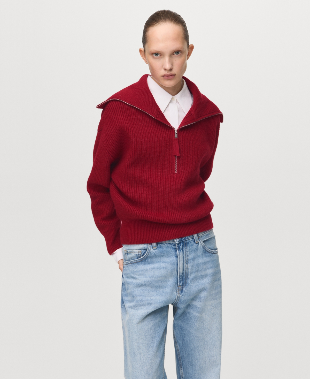 Click here for Mango Womens Funnel Neck and Zip Sweater - Maroon prices