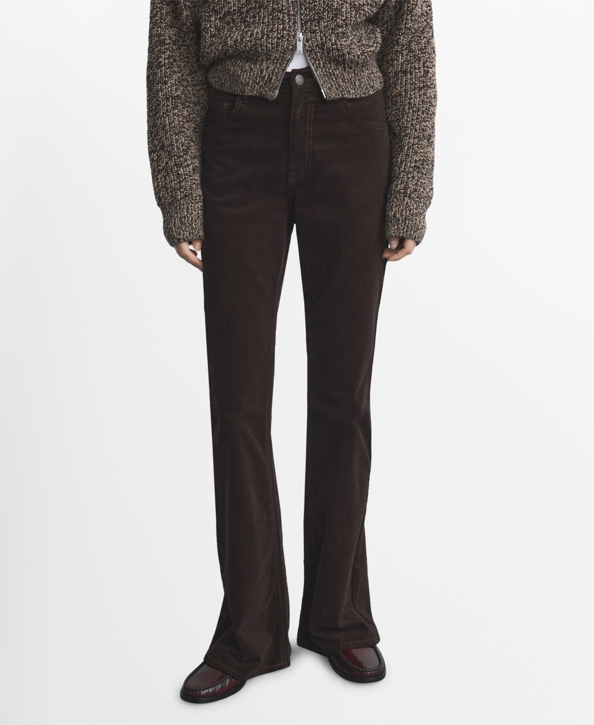 Click here for Mango Womens Velvet Flared Jeans - Chocolate prices