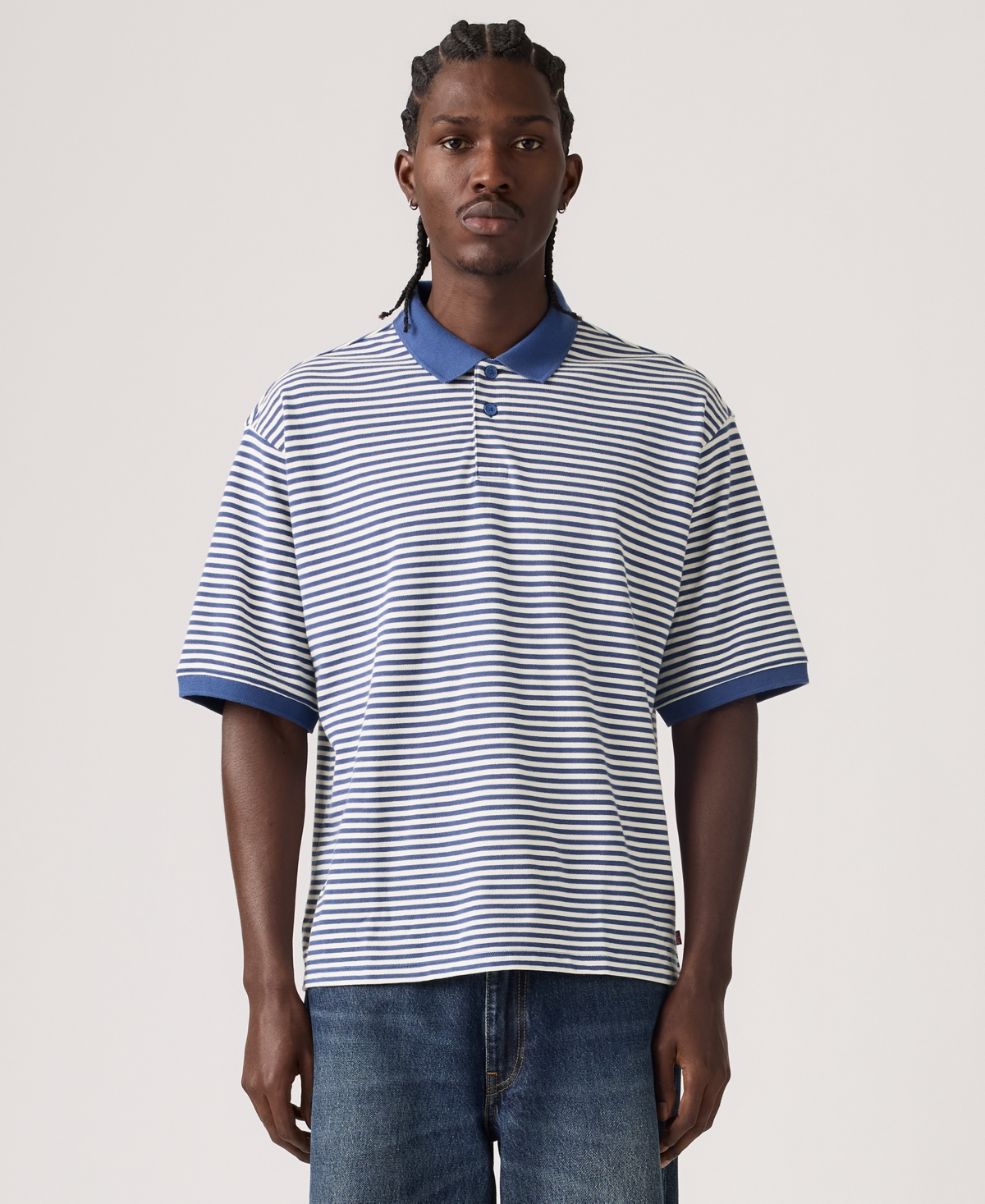 Click here for Levis Mens Boxy Striped Collared Polo Shirt - Blue prices