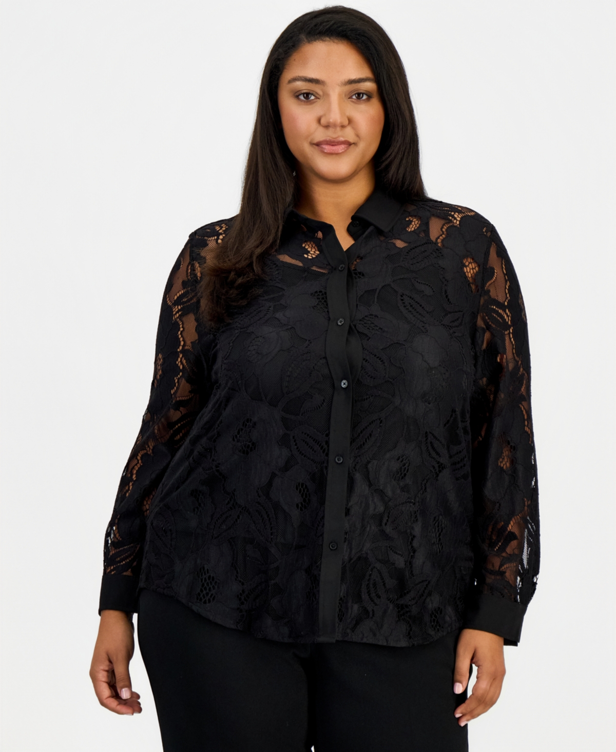 Click here for Anne Klein Plus Size Blossom Lace Button-Down Blou... prices