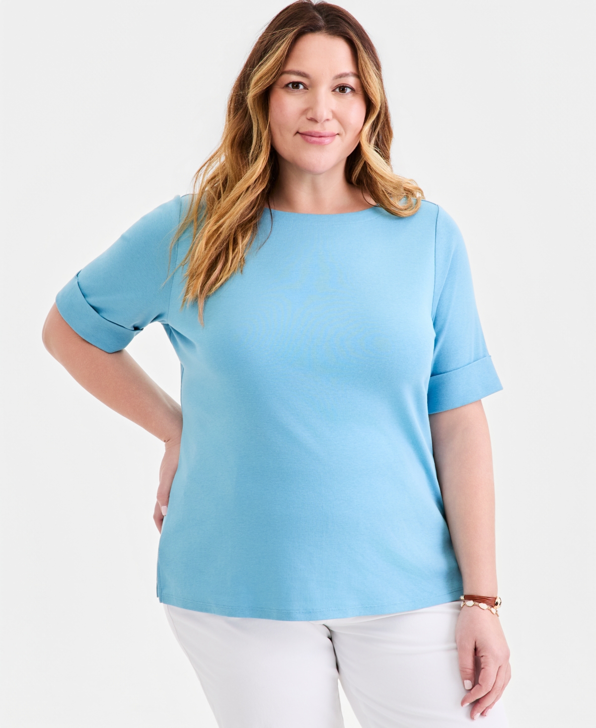 Click here for Style & Co Plus Size Boat-Neck Elbow Sleeve Cotton... prices