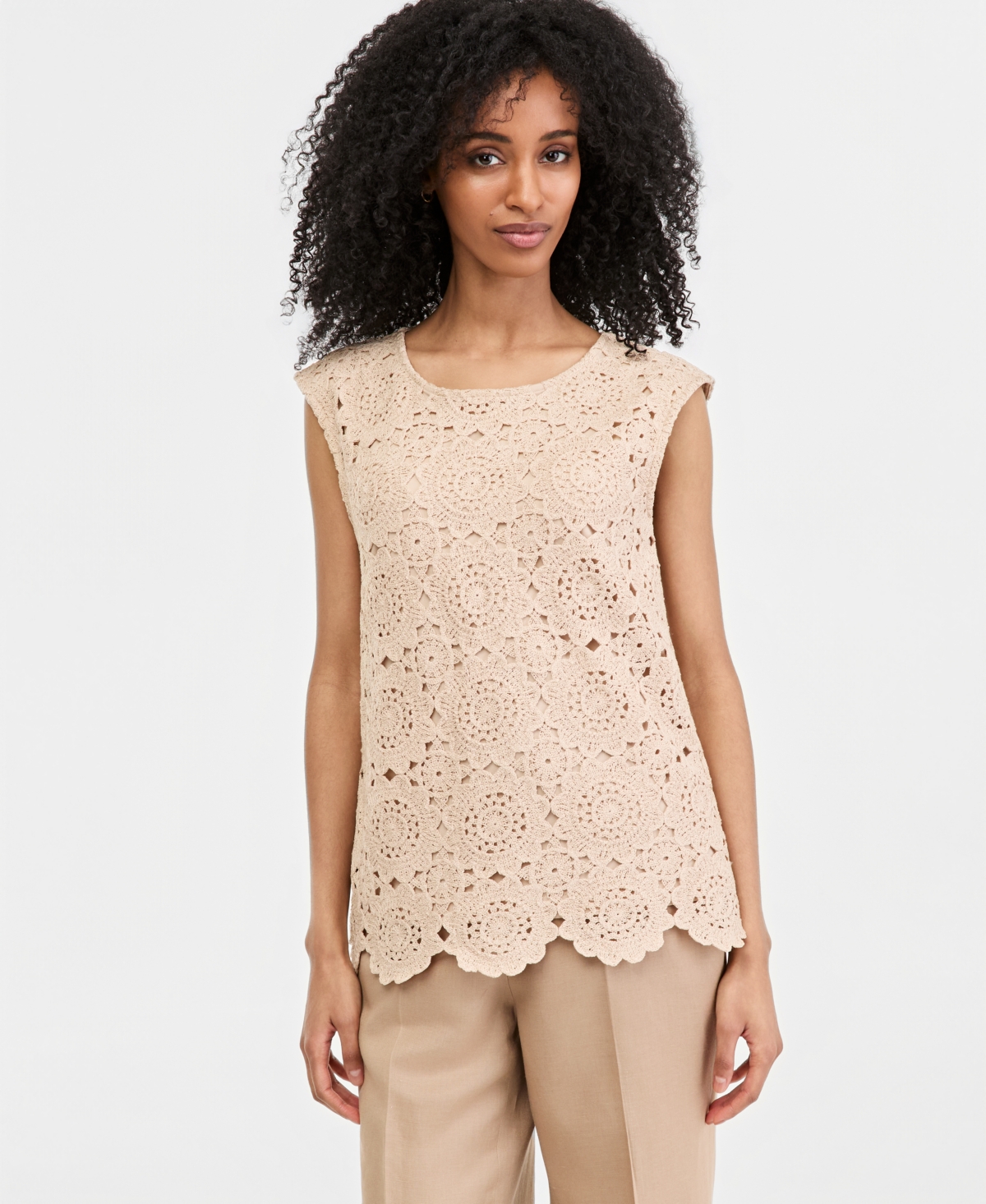 Click here for Kasper Petite Crewneck Crochet Top - Sesame Sand prices