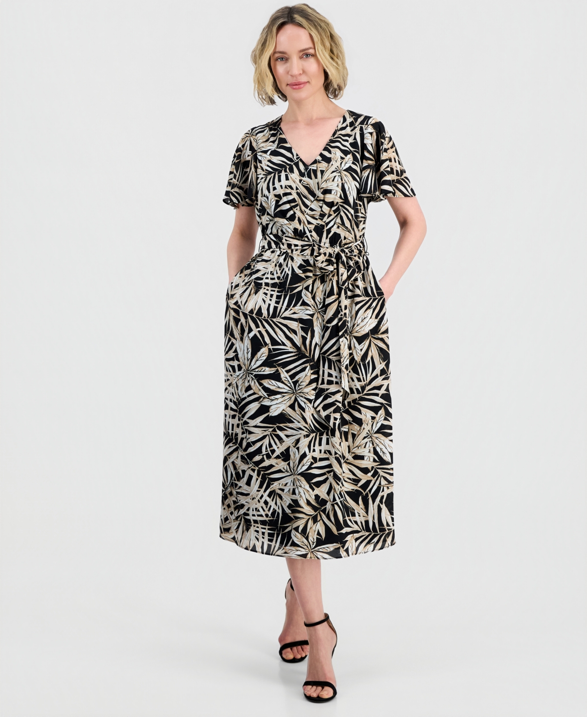 Click here for Kasper Womens V-Neck Flutter-Sleeve Midi Dress - B... prices