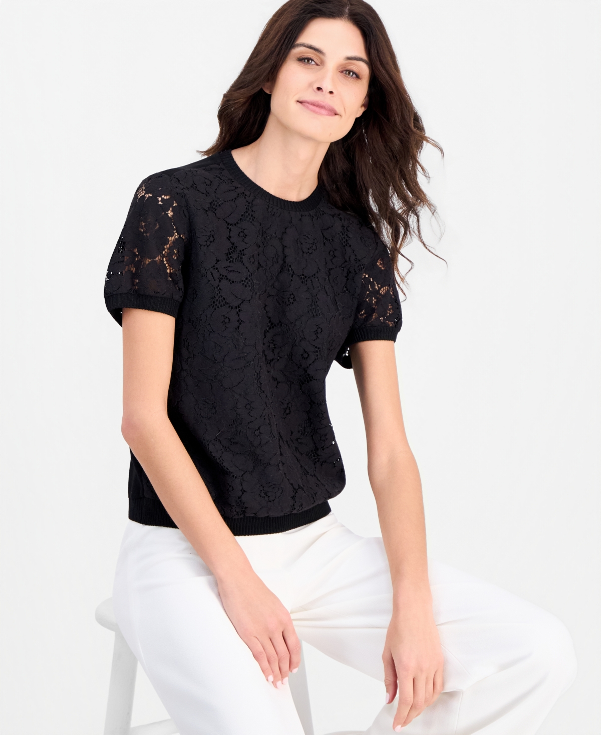 Click here for Tahari Asl Womens Lace-Front Short-Sleeve Sweater... prices
