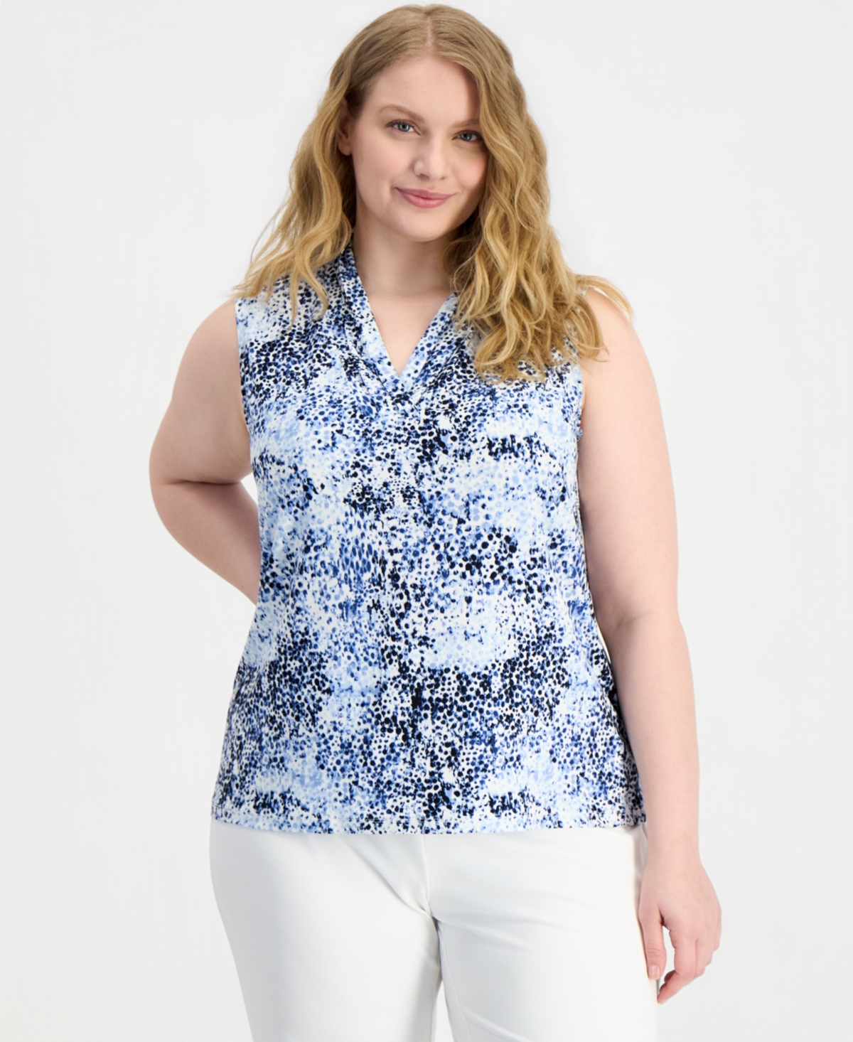 Click here for Anne Klein Plus Size Printed Triple-Pleat V-Neck T... prices