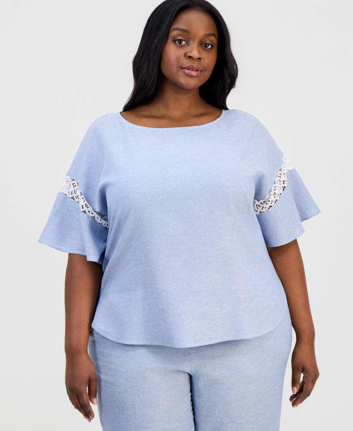 Click here for Anne Klein Plus Size Lace-Trim Flutter-Sleeve Top... prices