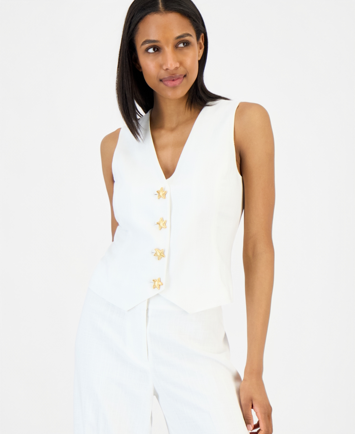 Click here for Tahari Asl Womens Starfish-Button Vest - White prices