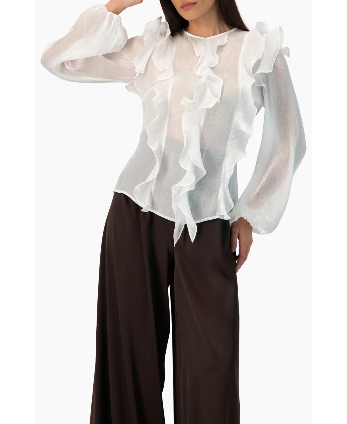 Click here for Ivonne Womens Long Sleeve Sheer Blouse with Ruffle... prices