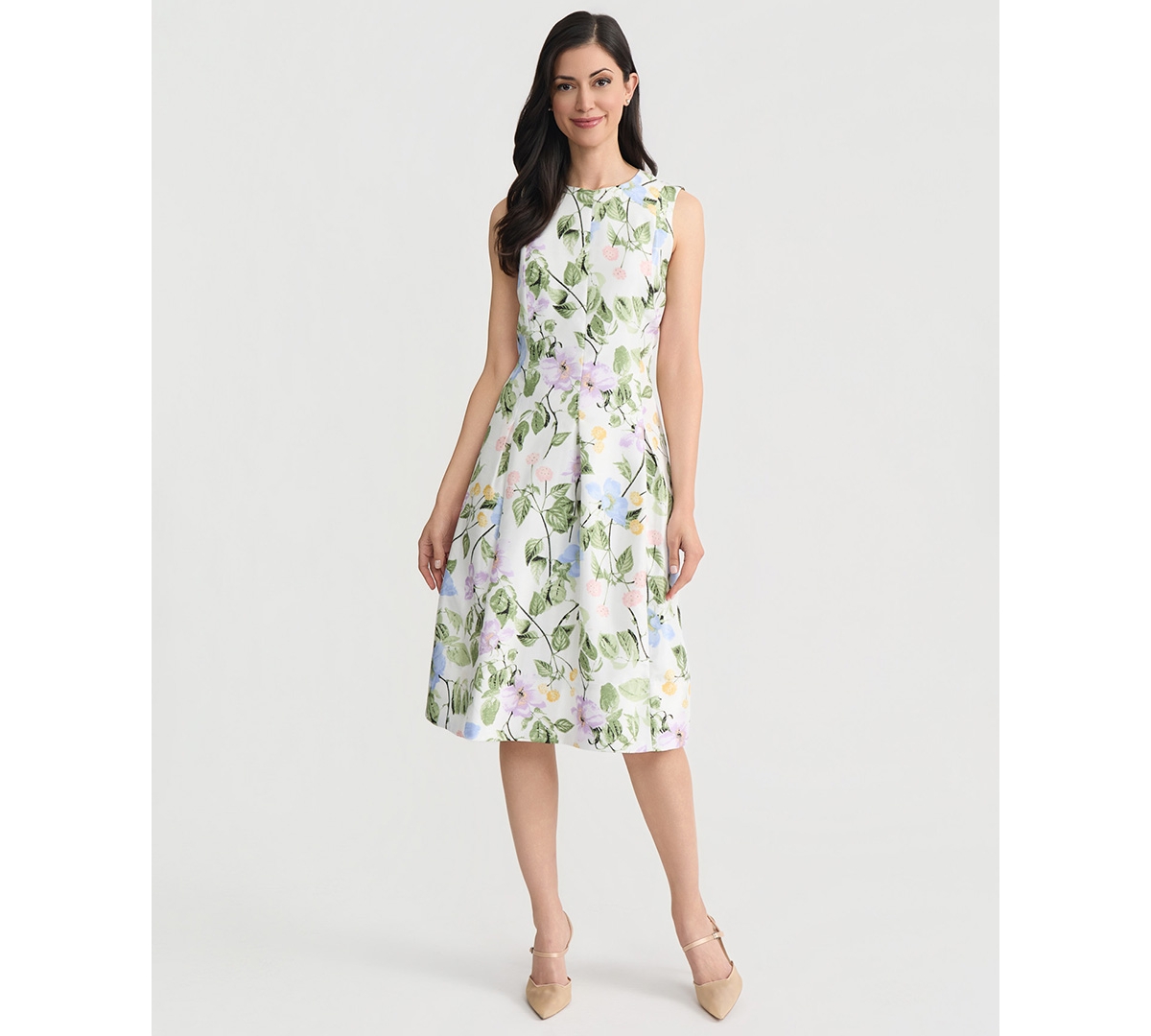 Click here for Floral Print Dupioni Pleated Dress - Lily White Mu... prices