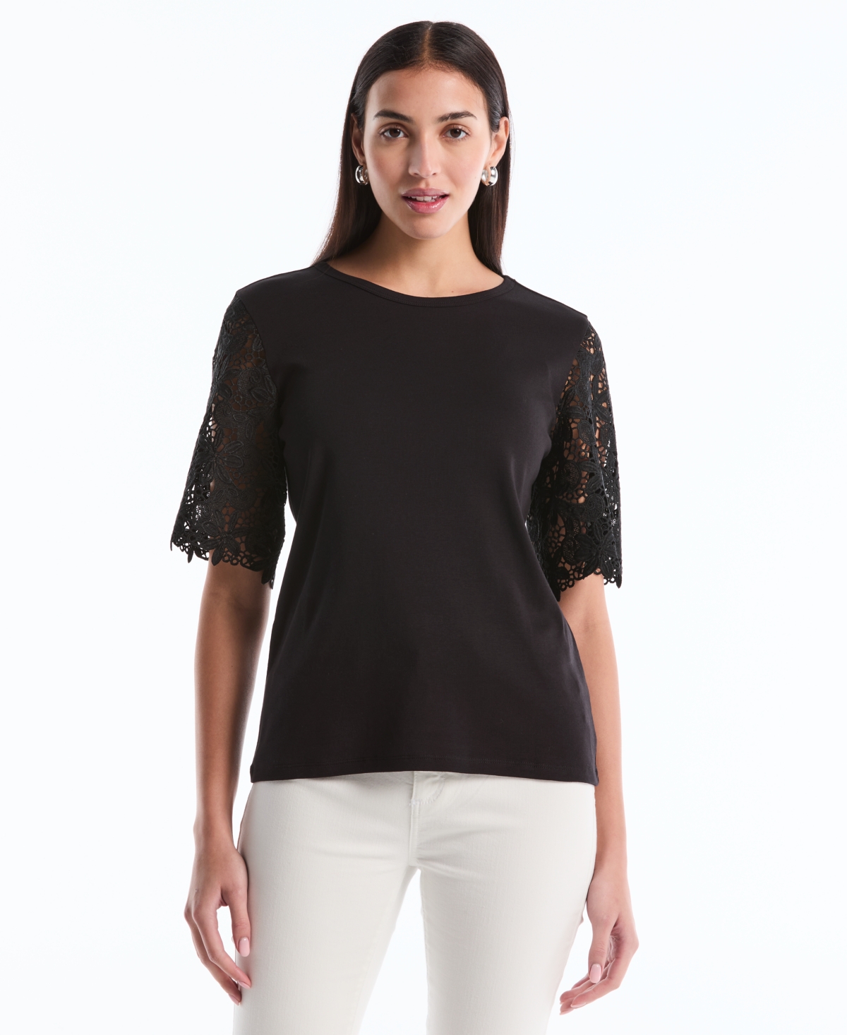 Click here for Rafaella Petite Draped Lace Crew Neck Top - Black prices