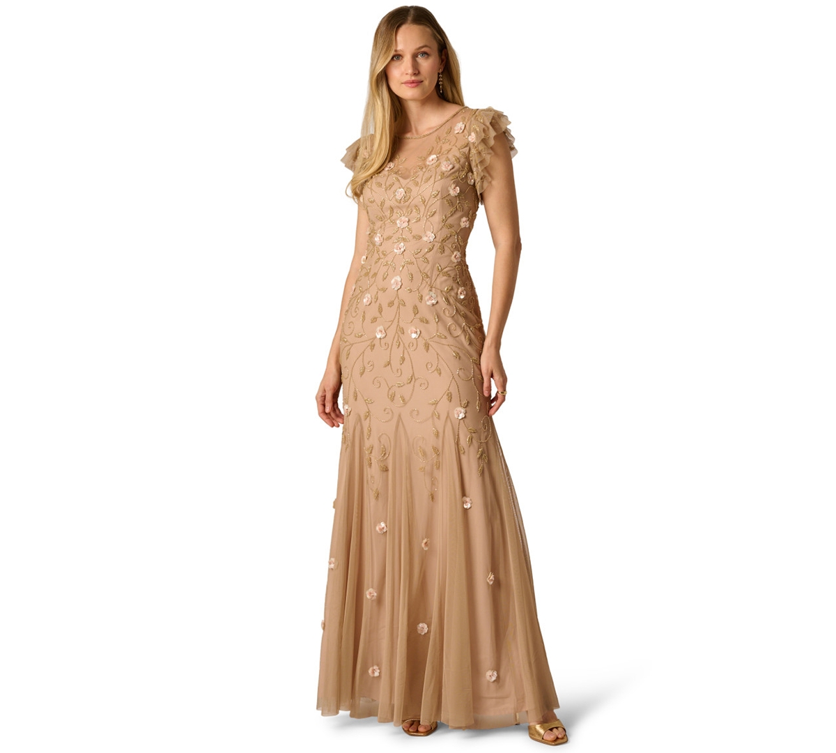 Click here for Adrianna Papell Womens Bead Mesh Godet Crew Neck G... prices