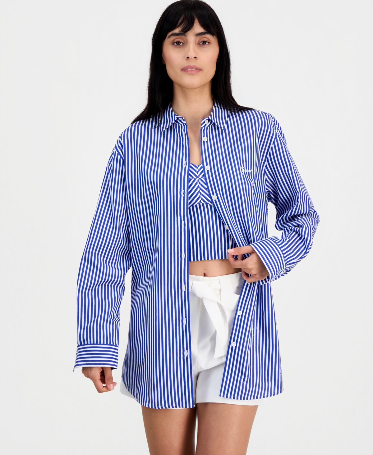 Click here for Guess Womens Tecla Cotton Oversized Shirt - VERTIC... prices
