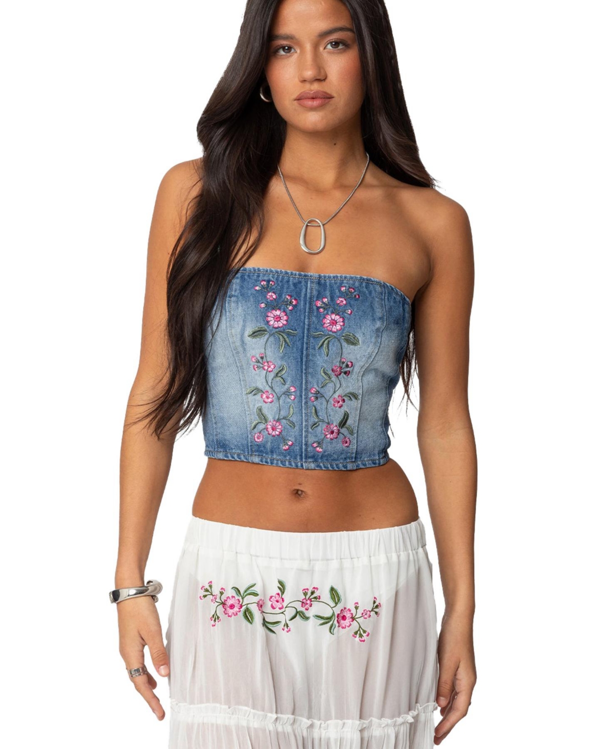 Click here for Edikted Womens Tula Embroidered Denim Corset - Blu... prices