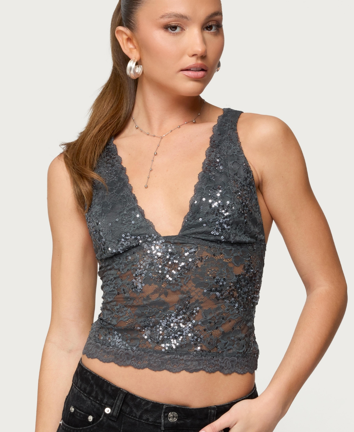 Click here for Edikted Womens Isabela Sequin Sheer Lace Tank Top... prices