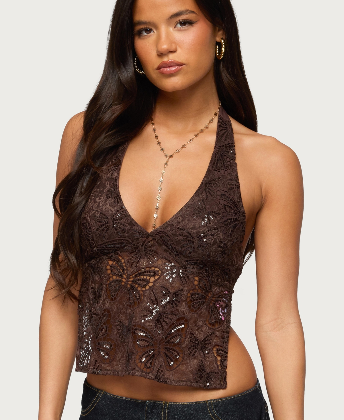 Click here for Edikted Womens Butterfly Sequin Backless Halter To... prices