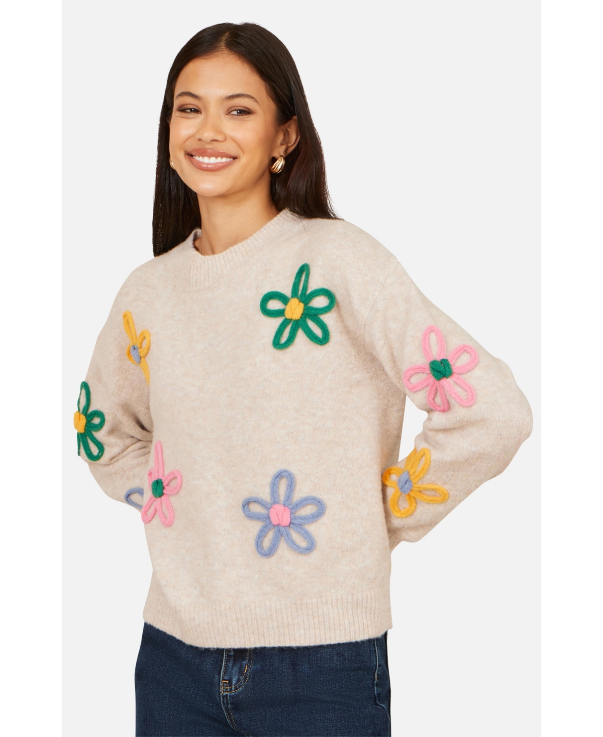 Click here for Yumi Womens Relaxed Flower Embroidered Jumper - Gr... prices