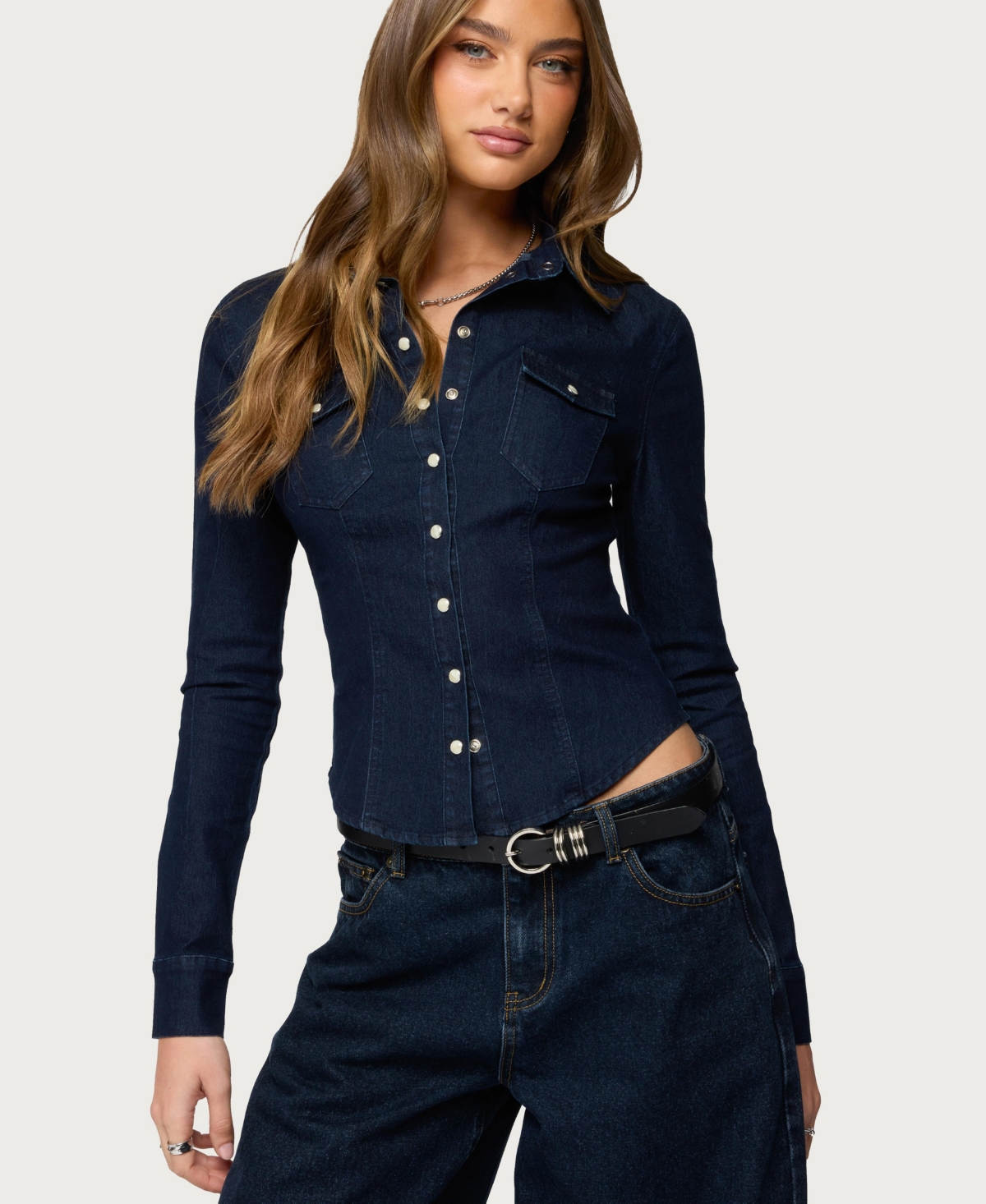 Click here for Edikted Womens Shylo Stretchy Denim Button Up Shir... prices