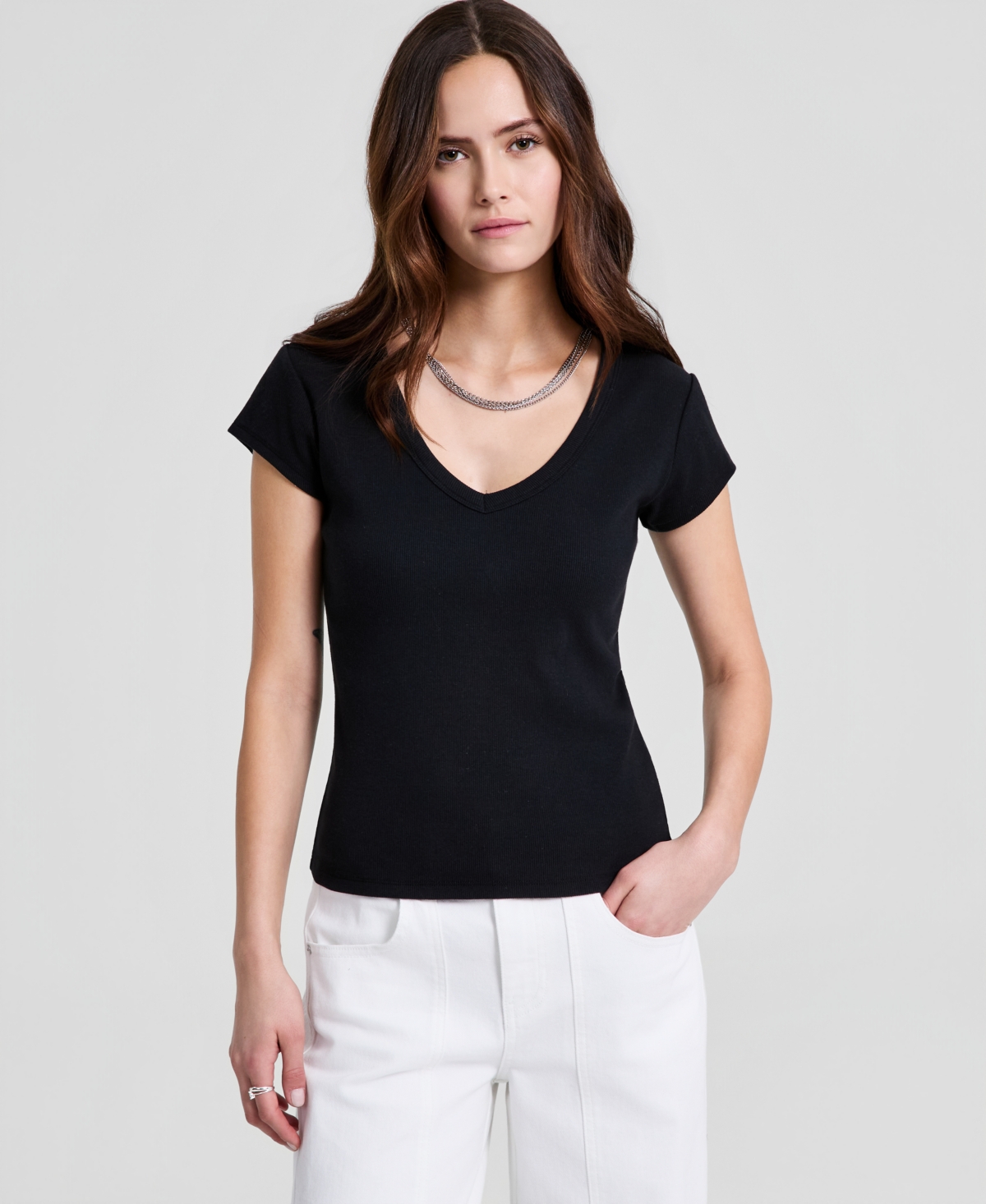Click here for And Now This Womens V-Neck Rib-Knit Short-Sleeve T... prices