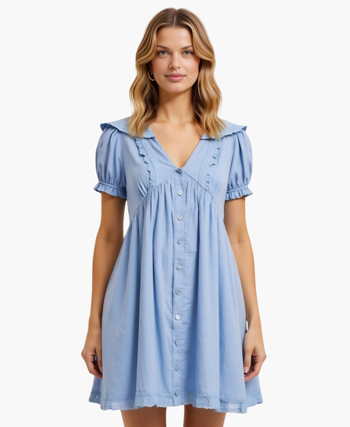 Click here for Modenaire Womens Button-Front Lace-Trim Puff-Sleev... prices