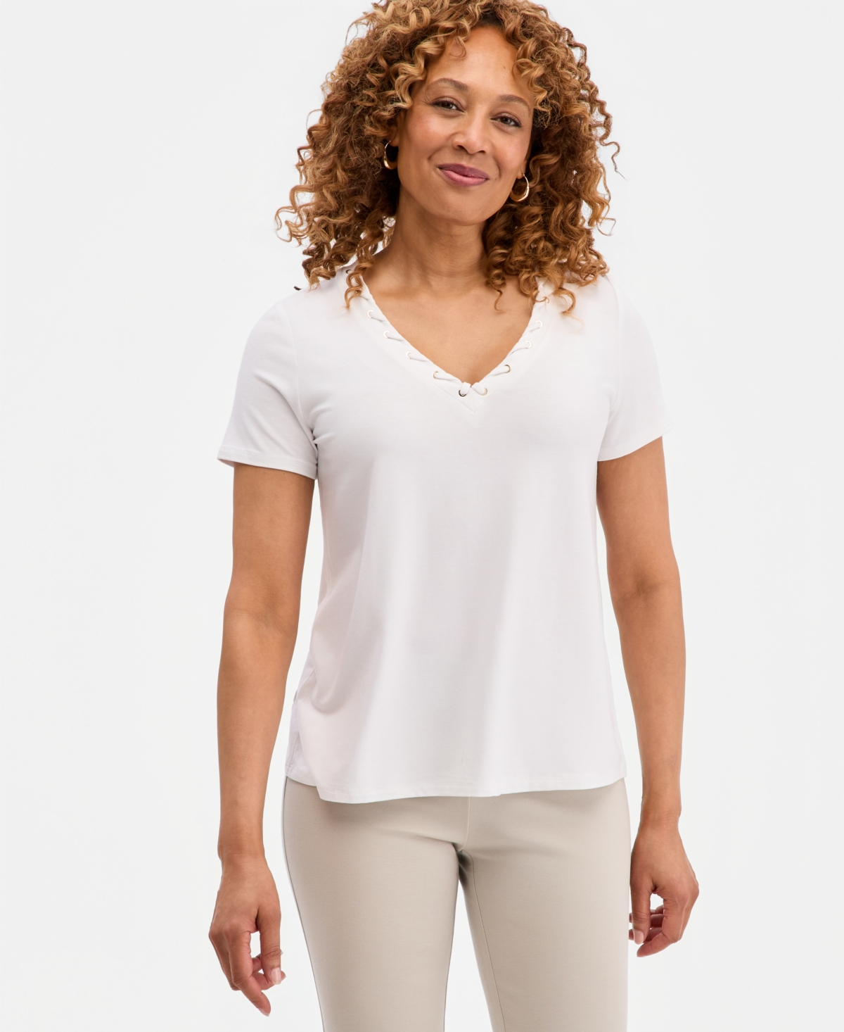 Click here for Jm Collection Womens Laced-Grommet-Trim V-Neck Top... prices